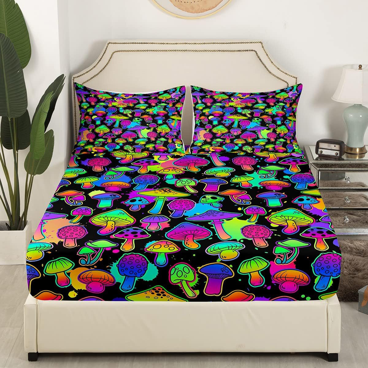 AMIPOR Bed Sheets Queen Cute Mushroom Sheet Set For Kids Girls Boys ...