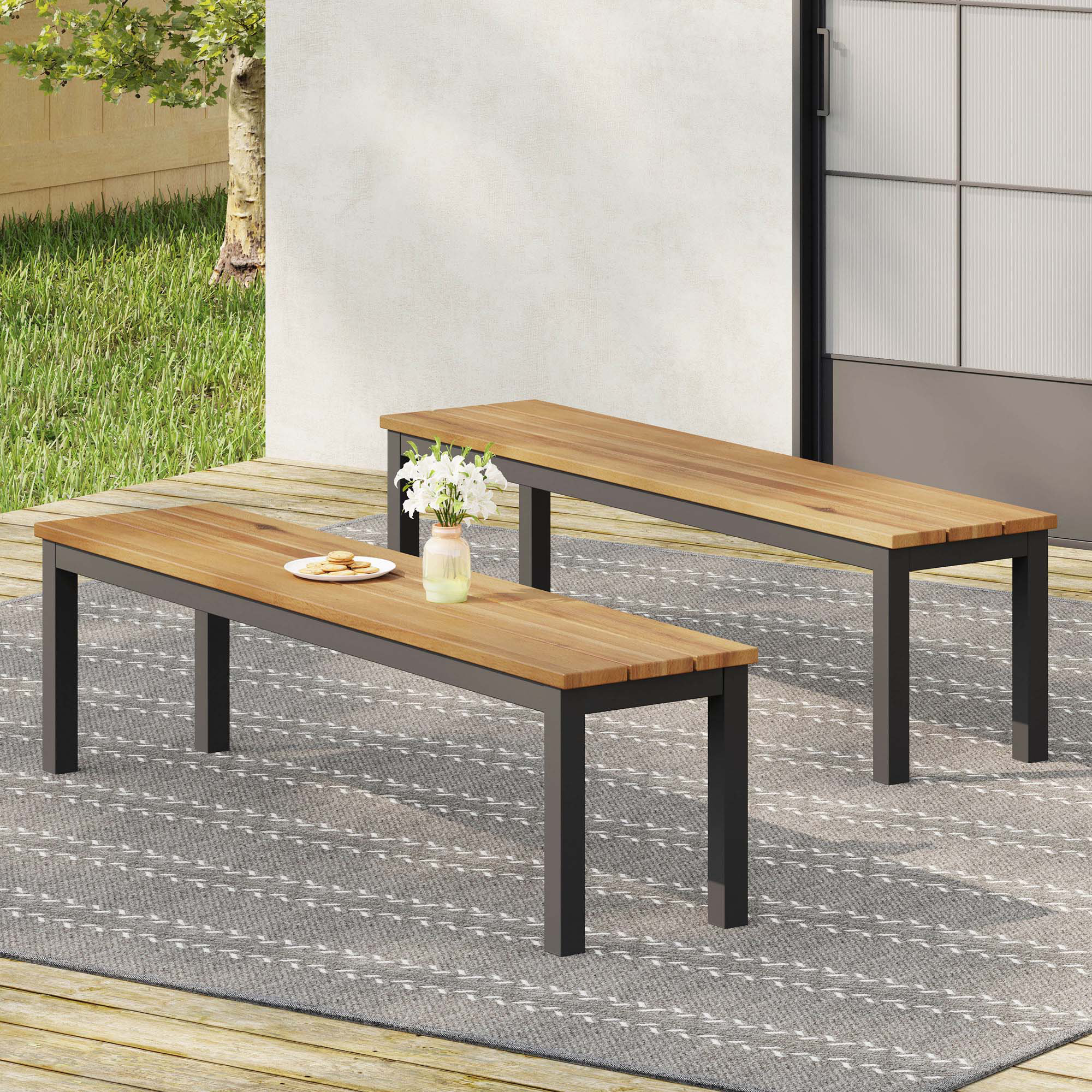 Latitude Run® Garden Bench, Metal Frame With Comfortable Wood Seat ...