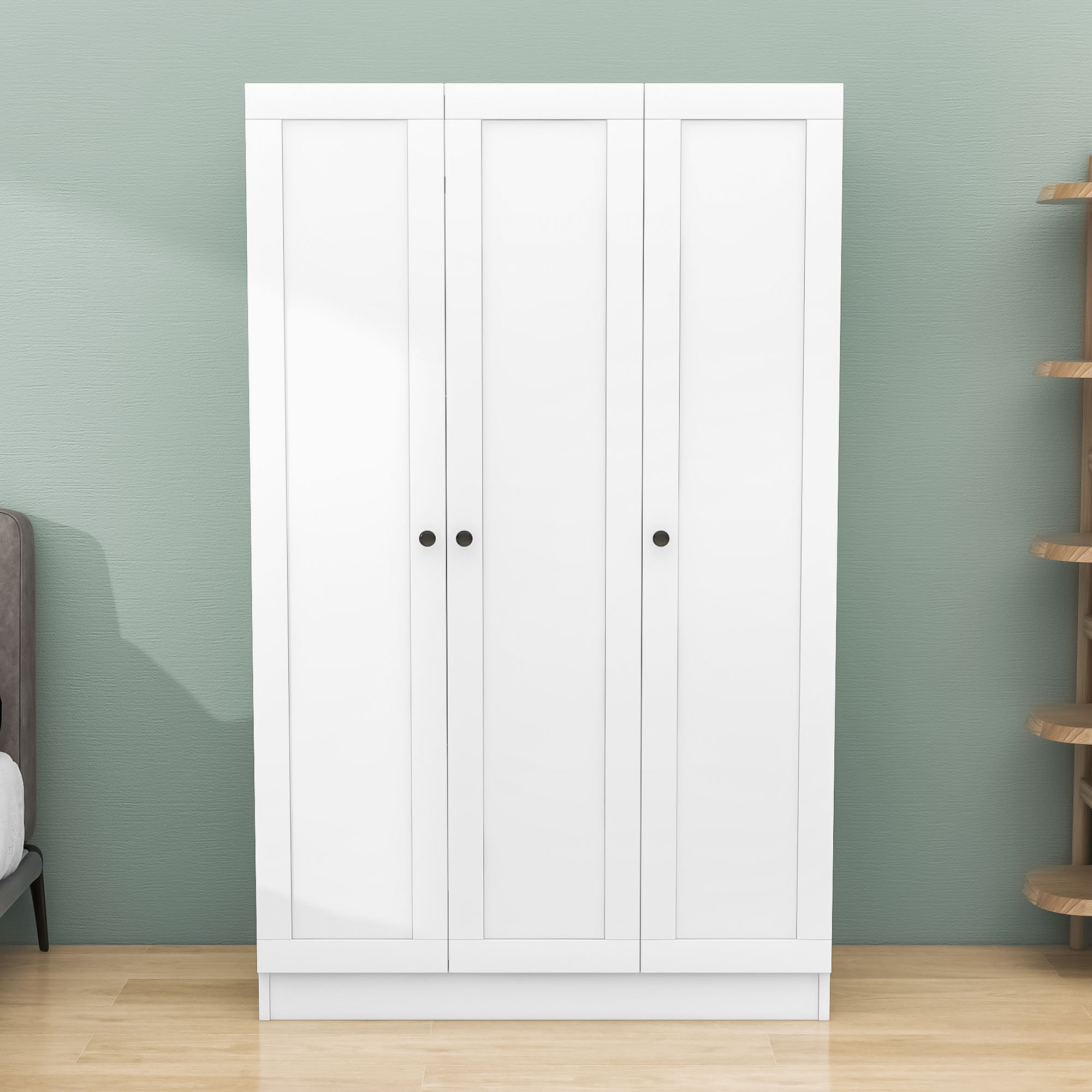 Ebern Designs Mannox Wood Shutter Wardrobe with 3-Doors and Shelves ...