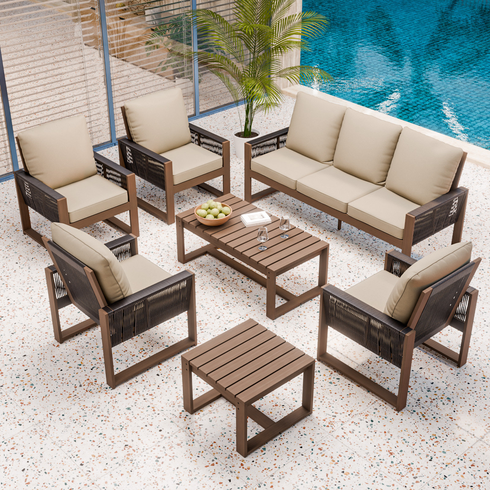 EAGLE PEAK 8-Piece Patio Sofa Seating Group Cedar Wood Frame Brown ...