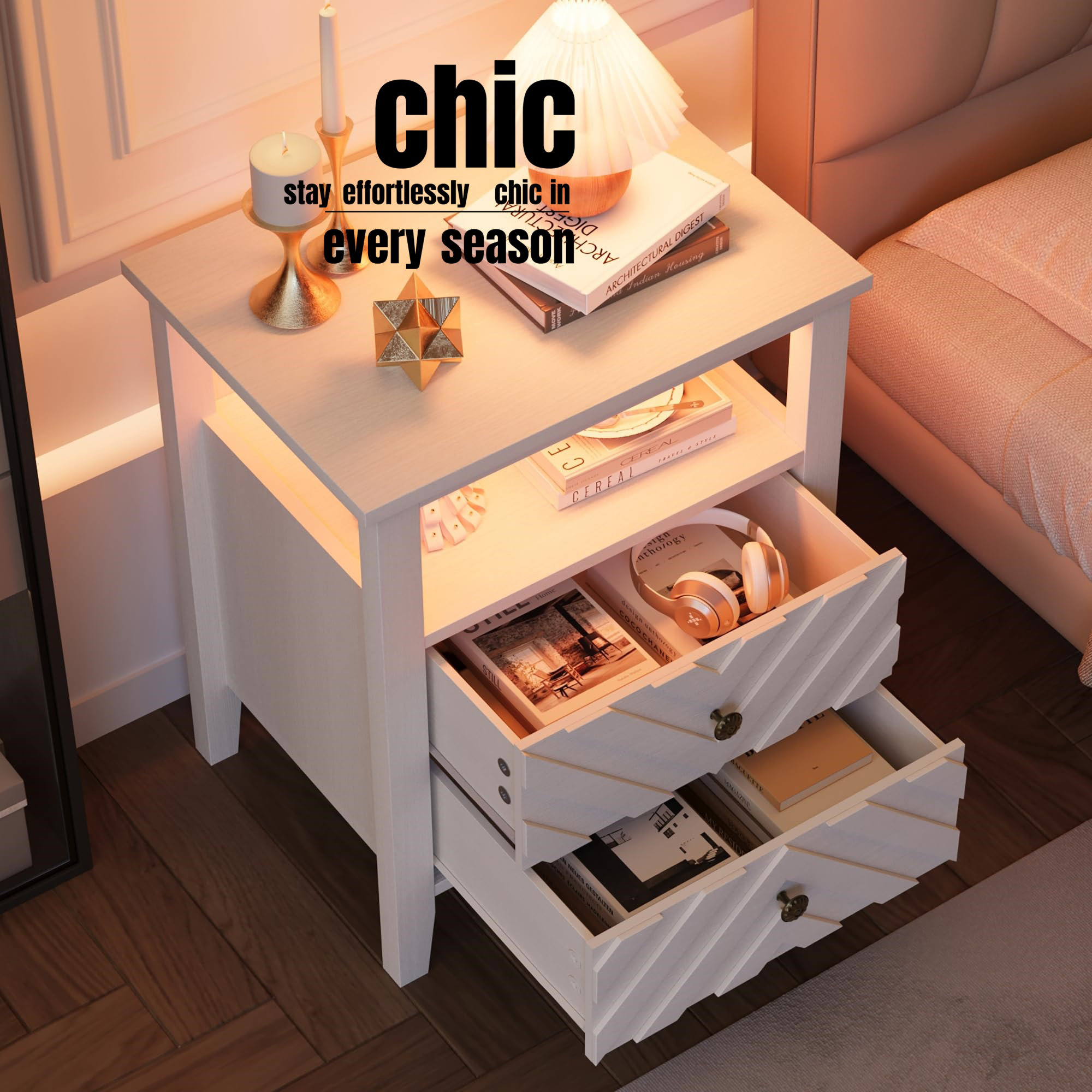 17 Stories Farmhouse LED Night Stand with 2 Storage Drawers- V-Shaped ...