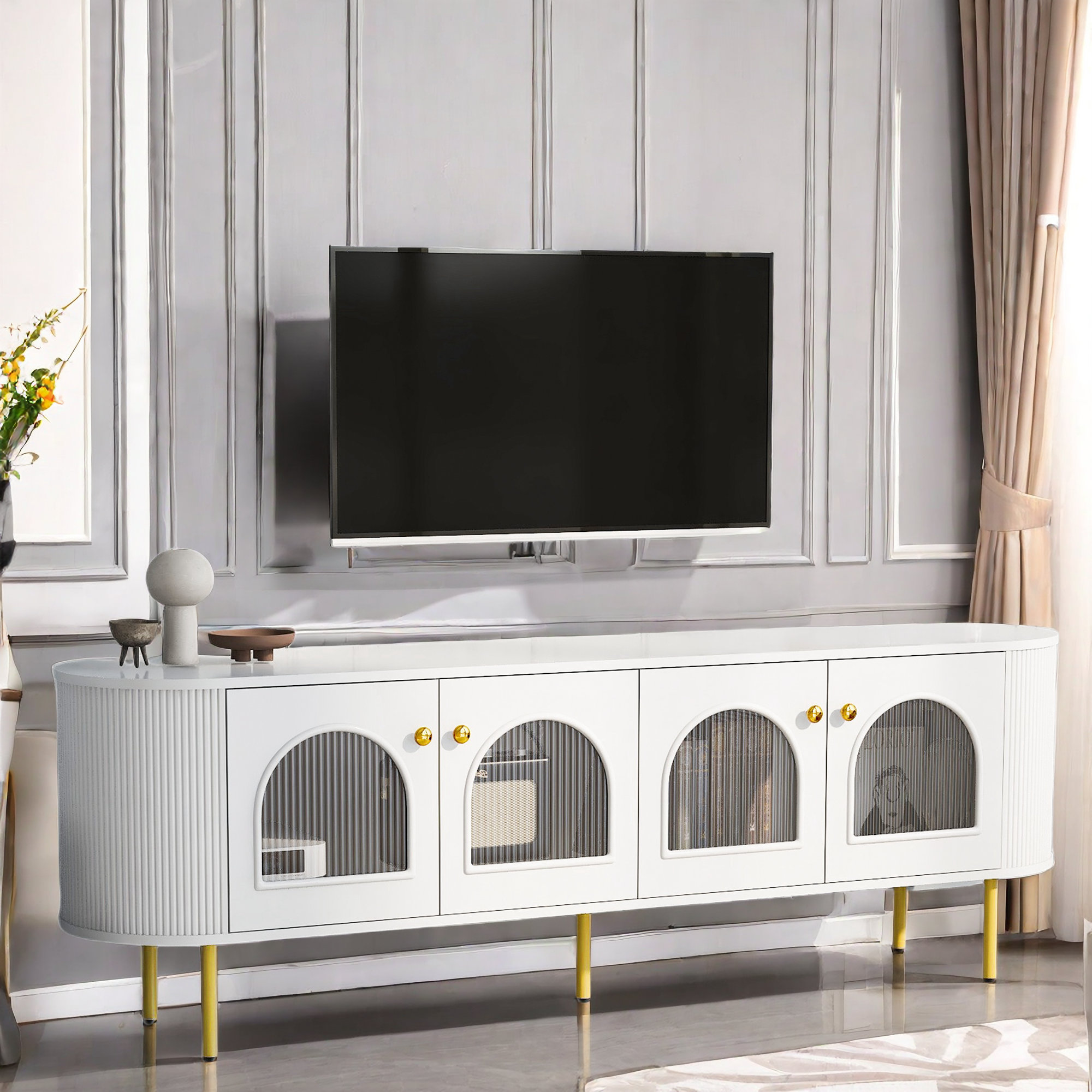 Mercer41 TV Stand With 4 Cabinets, Metal Legs And Handles And Arched ...