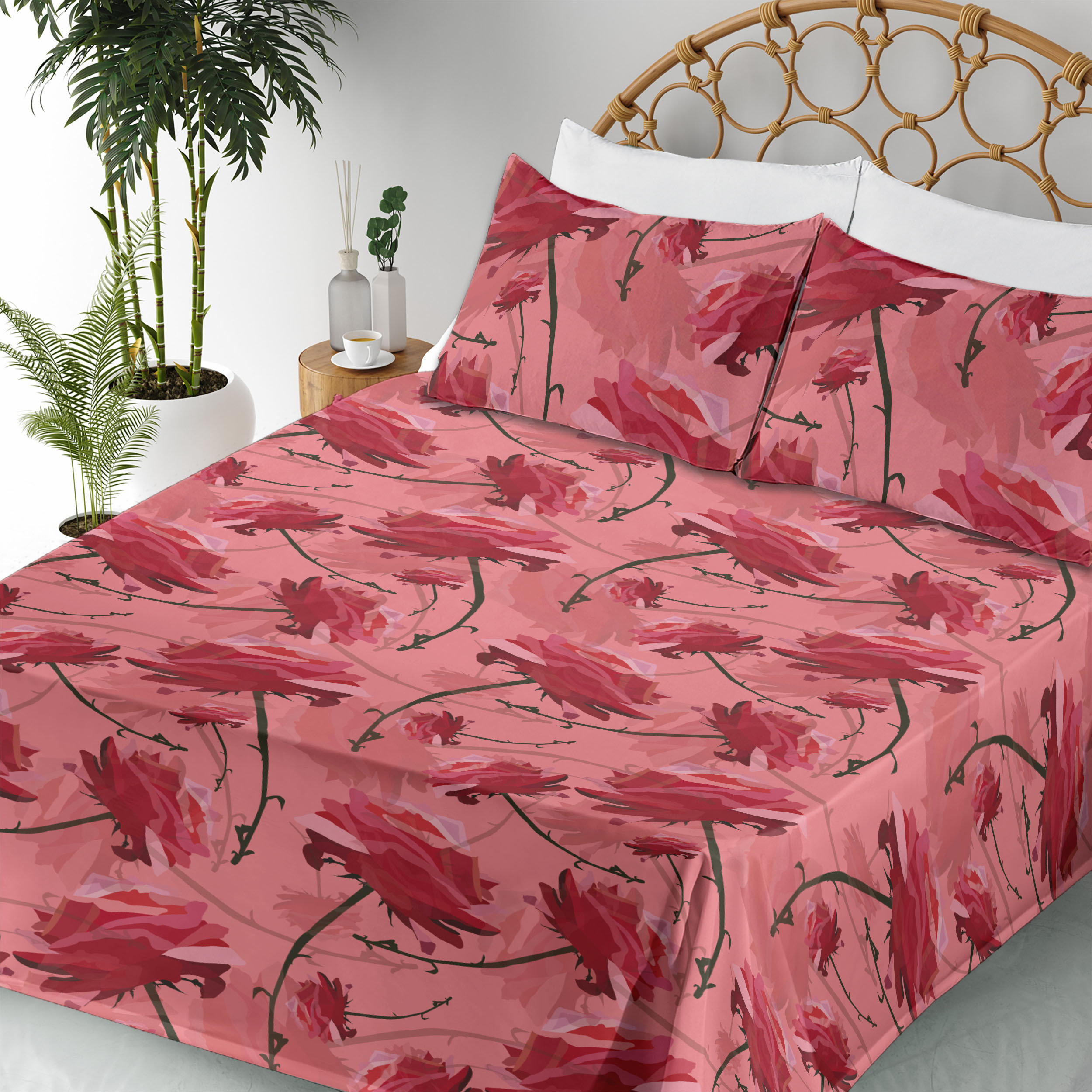 Ambesonne Rose Pattern Sheet Set Romantic Boho Floral Dark Coral ...