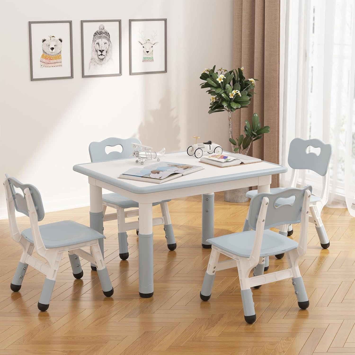 babevy Kids Table And 4 Chairs Set, Height Adjustable Toddler Table And ...