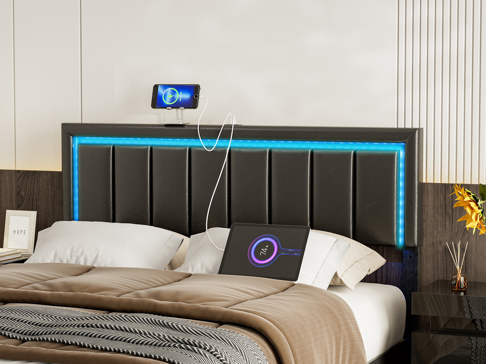 Ivy Bronx Jorelus LED Upholstered Headboard with 2 USB Ports ...