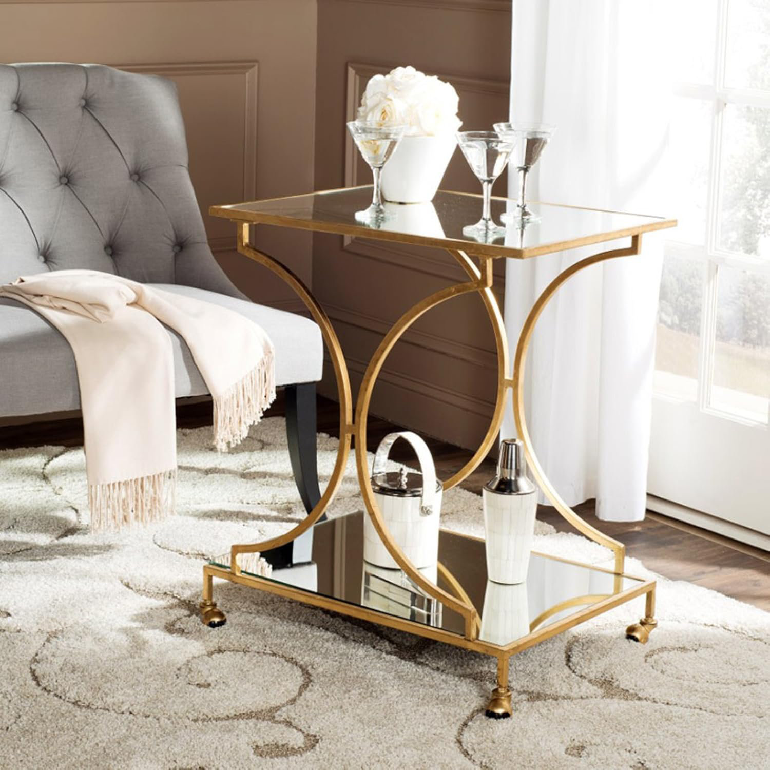 Hokku Designs Silver Bar Cart With Mirrored Glass Top - Classic Iron ...