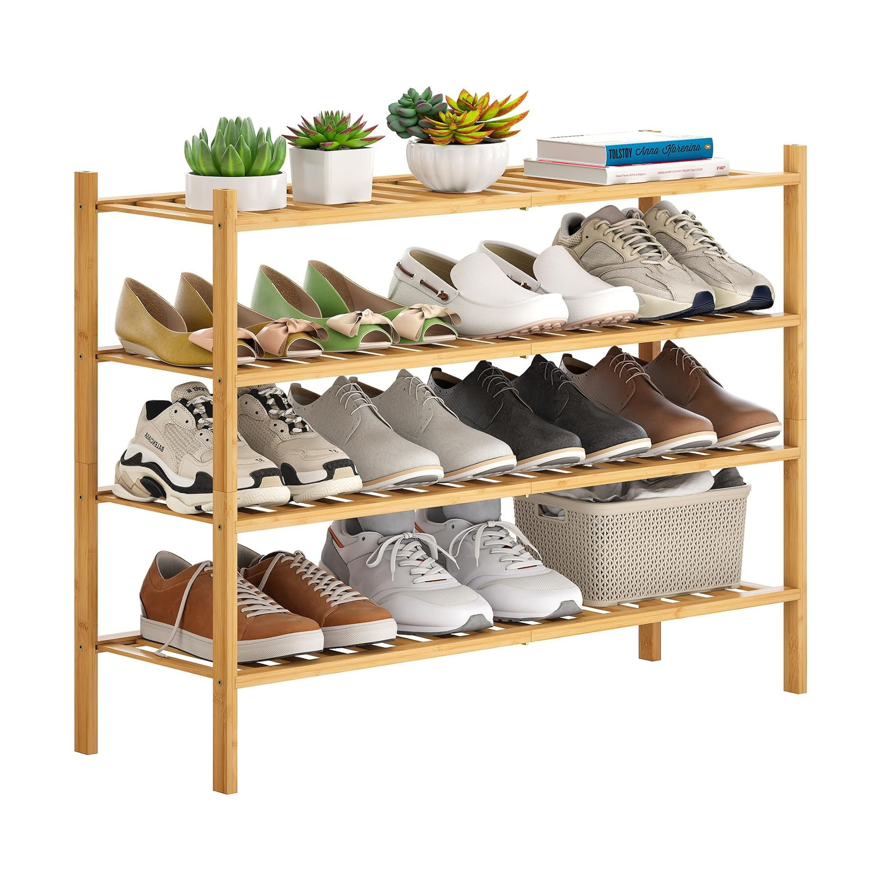 Ophelia & Co. 4-Tier Large Natural Bamboo Shoe Rack, Freestanding ...