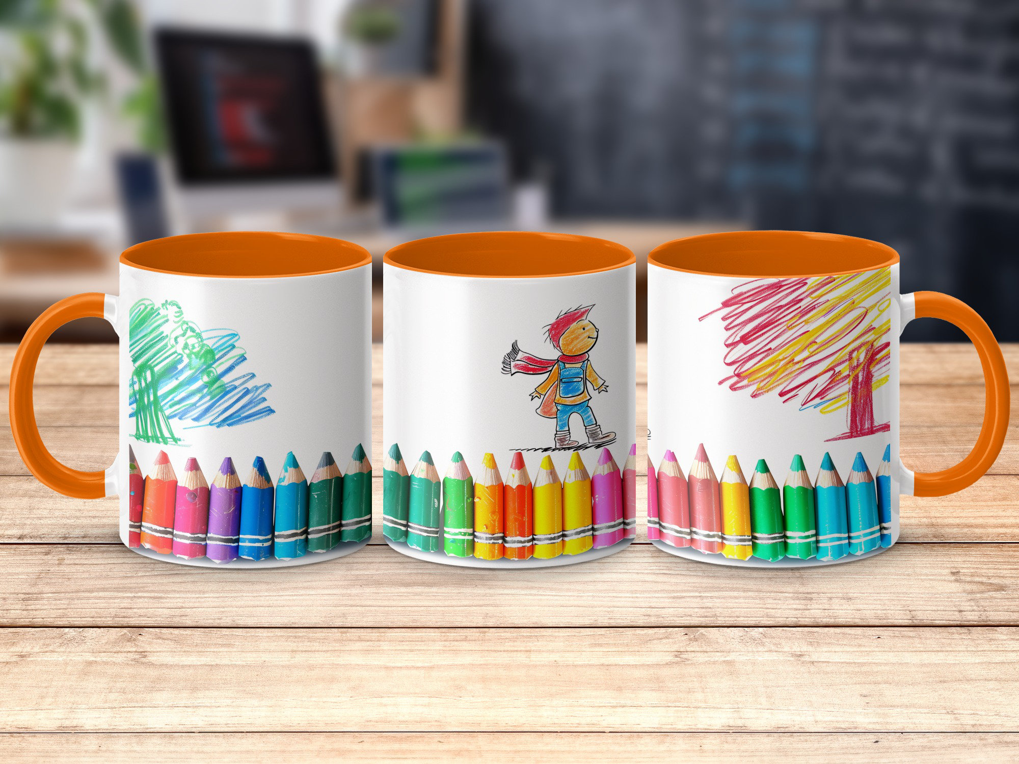 East Urban Home Set of 3 Kids Drawing Style 11oz Accent Mugs – White ...