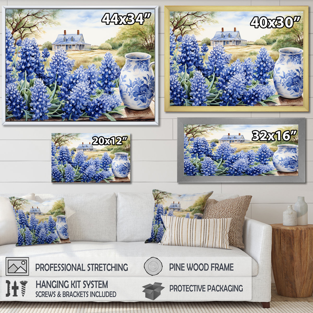 August Grove® Blue Bonnets Farmhouse Still Life Framed On Canvas Print ...
