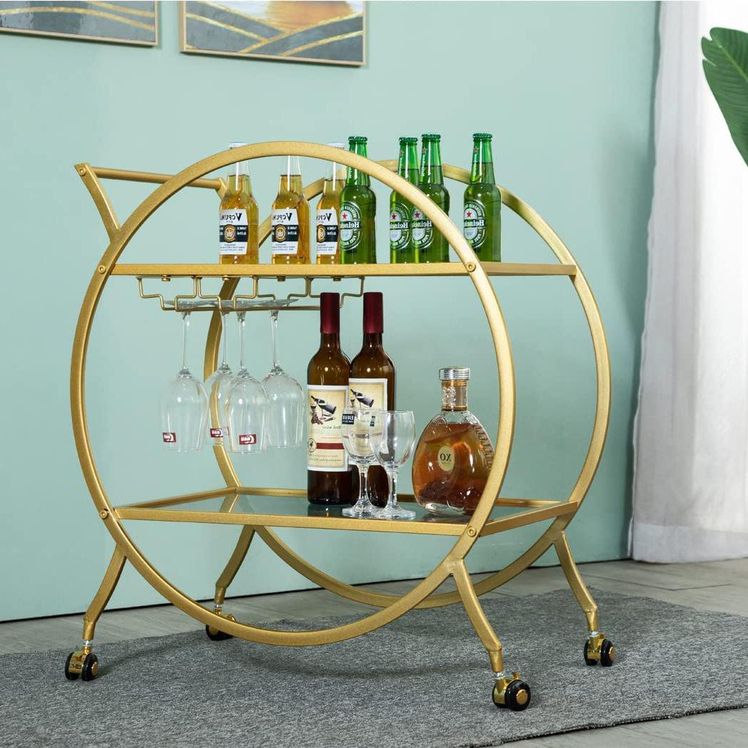 Everly Quinn Round Gold Bar Cart with 2 Mirrored Shelves, Wheels, and ...