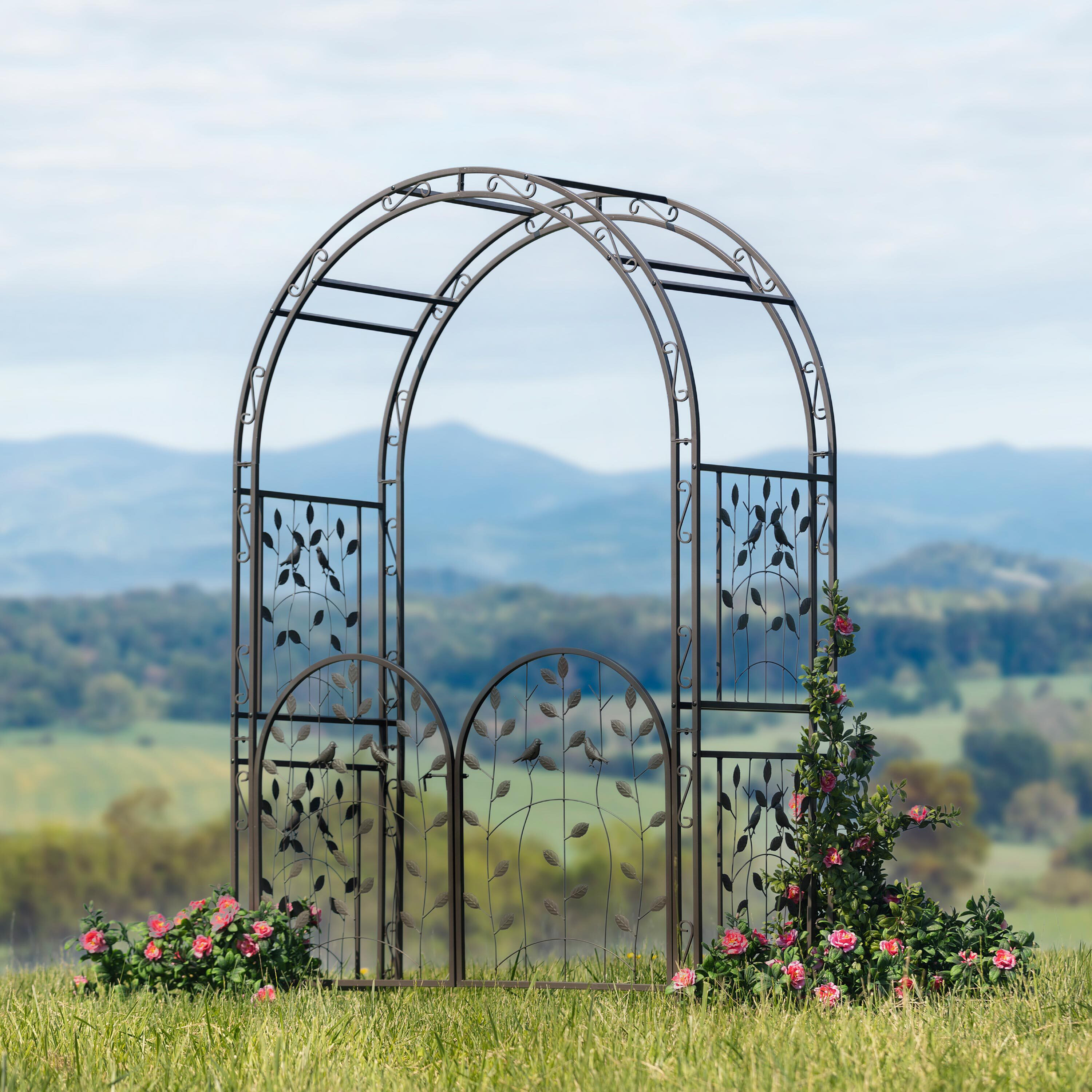 Plow & Hearth Metal Arched Birds And Leaves Garden Arbor With Gate ...