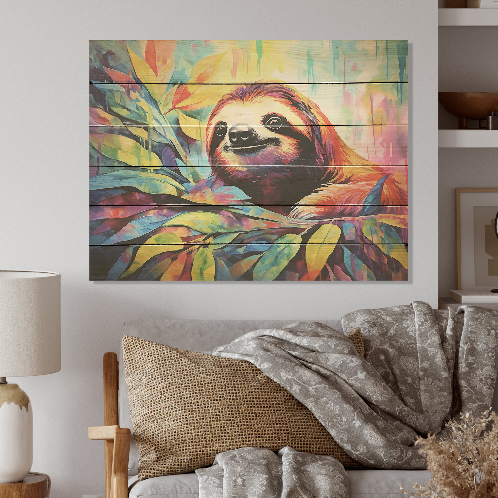 Millwood Pines Colourful Pop Art Sloth - Sloth Wood Art On Natural Pine ...