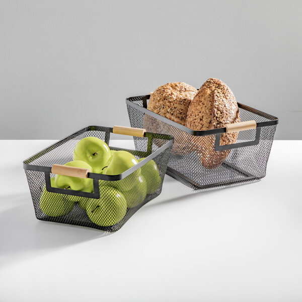 mDesign Metal Mesh Pantry Basket with Wooden Handle - Black/Natural ...