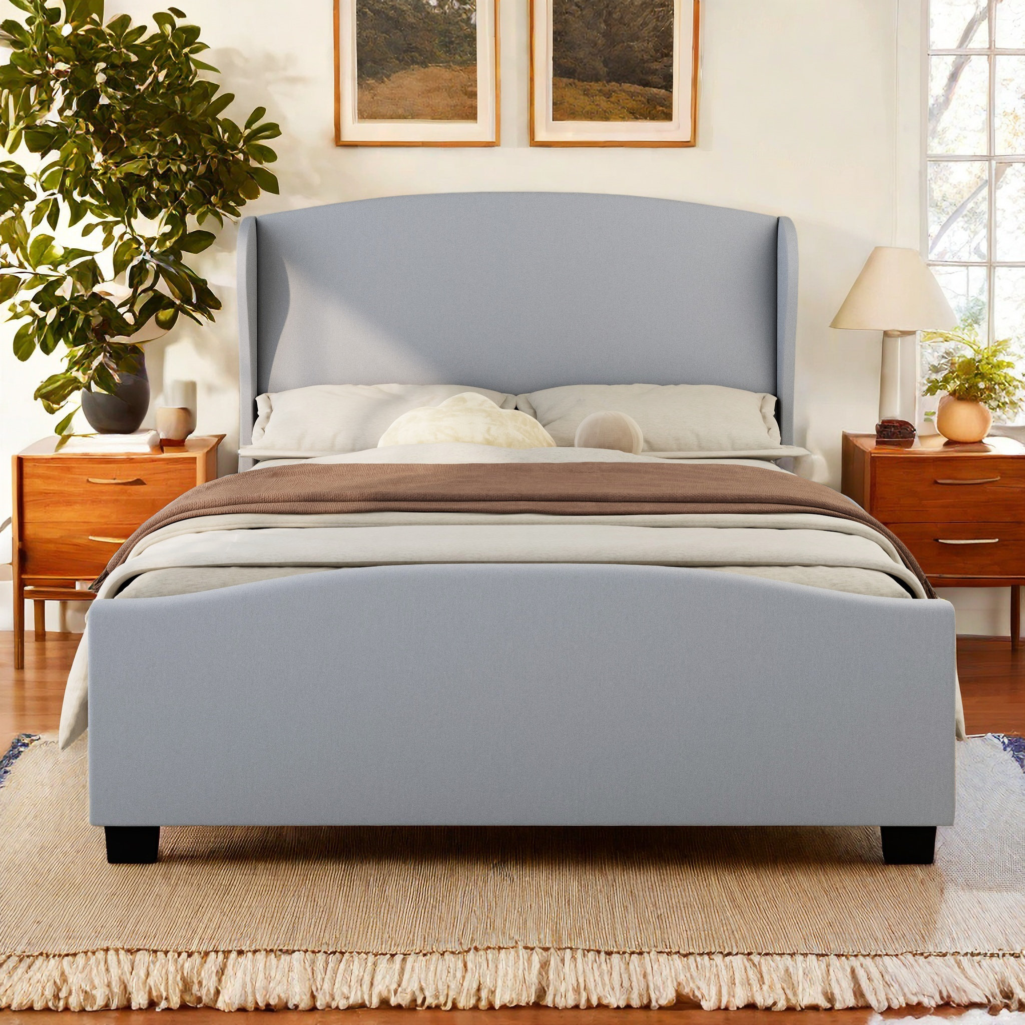 Winston Porter Wingback Linen Upholstered Bed with High Headboard ...