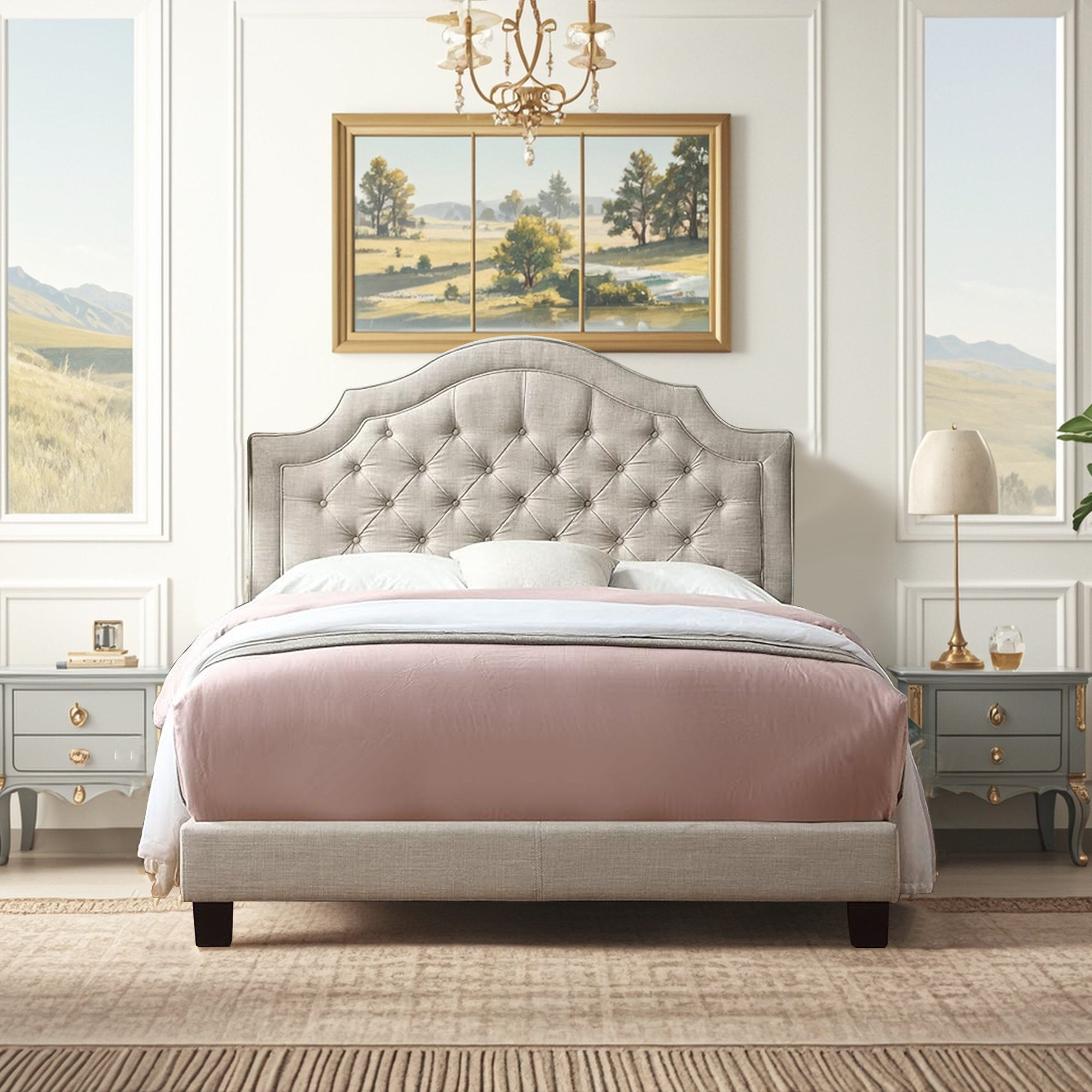 Lark Manor™ Linen Upholstered Bed with Adjustable Headboard and Button ...