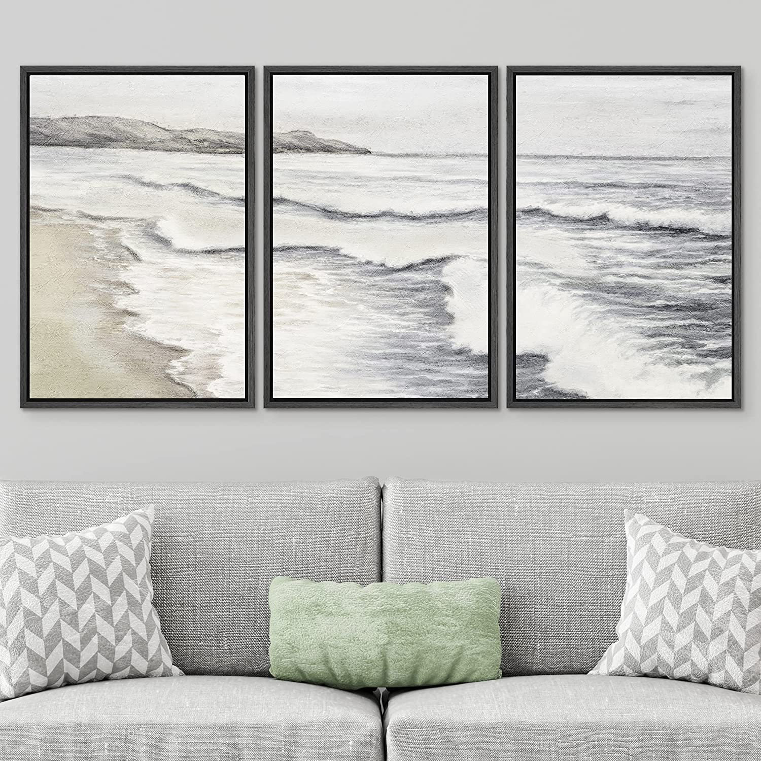 SIGNLEADER Coastal Ocean Wave Beach Shore Muted Nature Seascape Framed On Canvas 3 Pieces Print ...