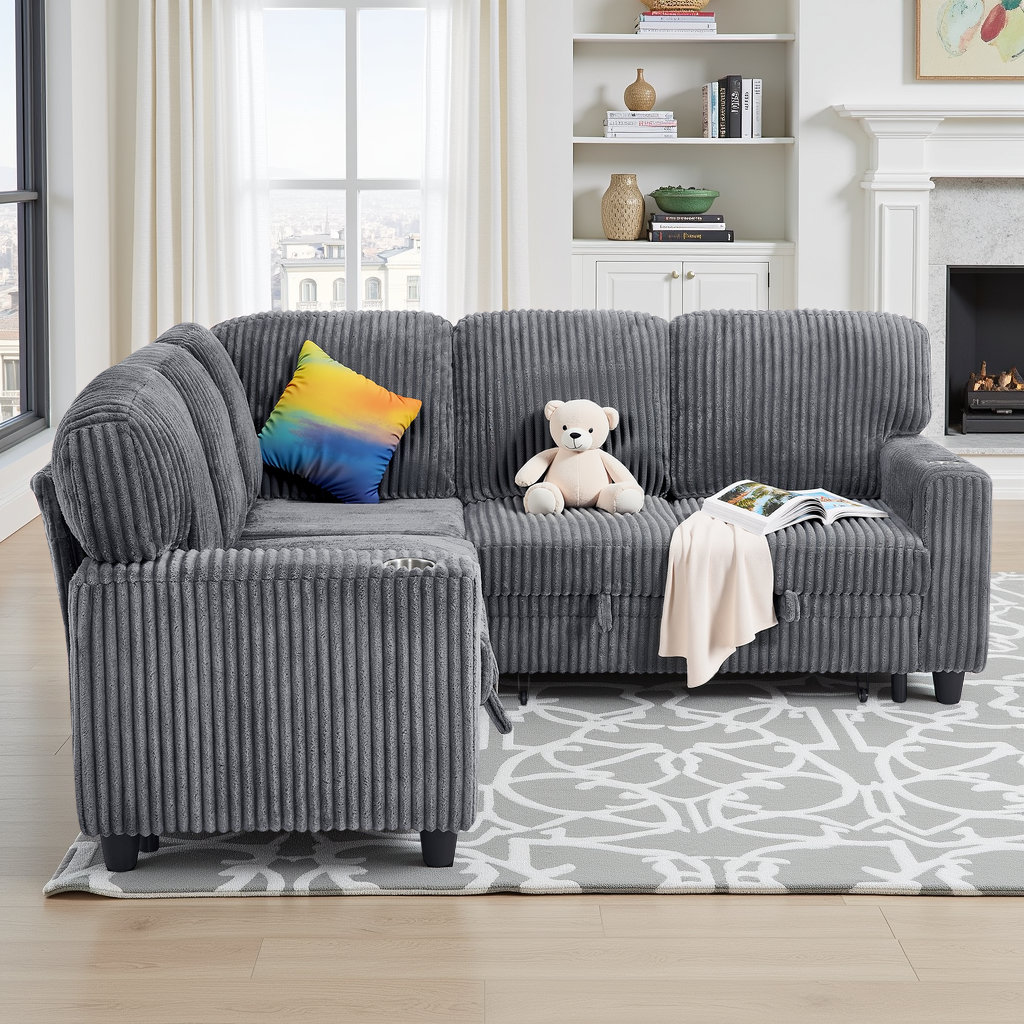 Time Apparel 81" Corduroy L-Shaped Sleeper Sectional Sofa with Pull-Out ...