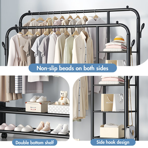 Rebrilliant Black Rolling Floor Double-Layer Double-Bar Clothes Rack ...