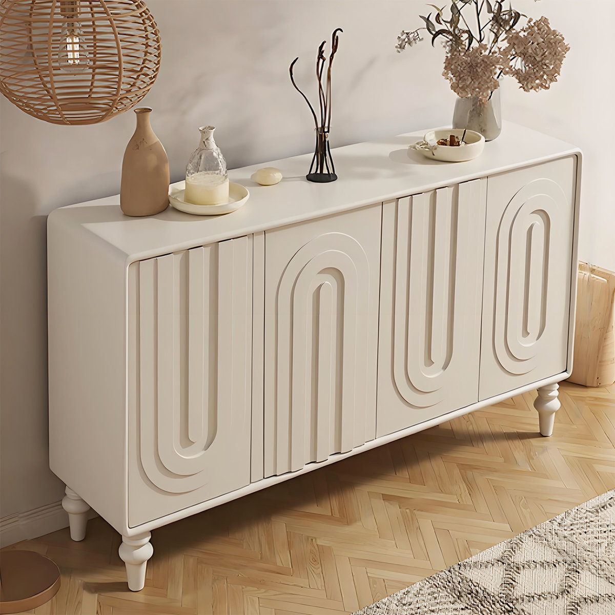 Corrigan Studio 63" Beige Arched Door Buffet Sideboard with 4 Door ...