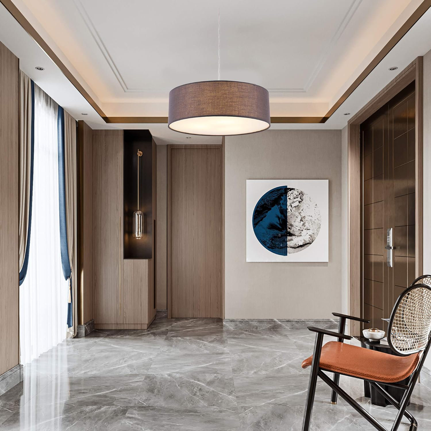 Hokku Designs Modern Fabric Pendant Light With Drum Shade And Frosted ...