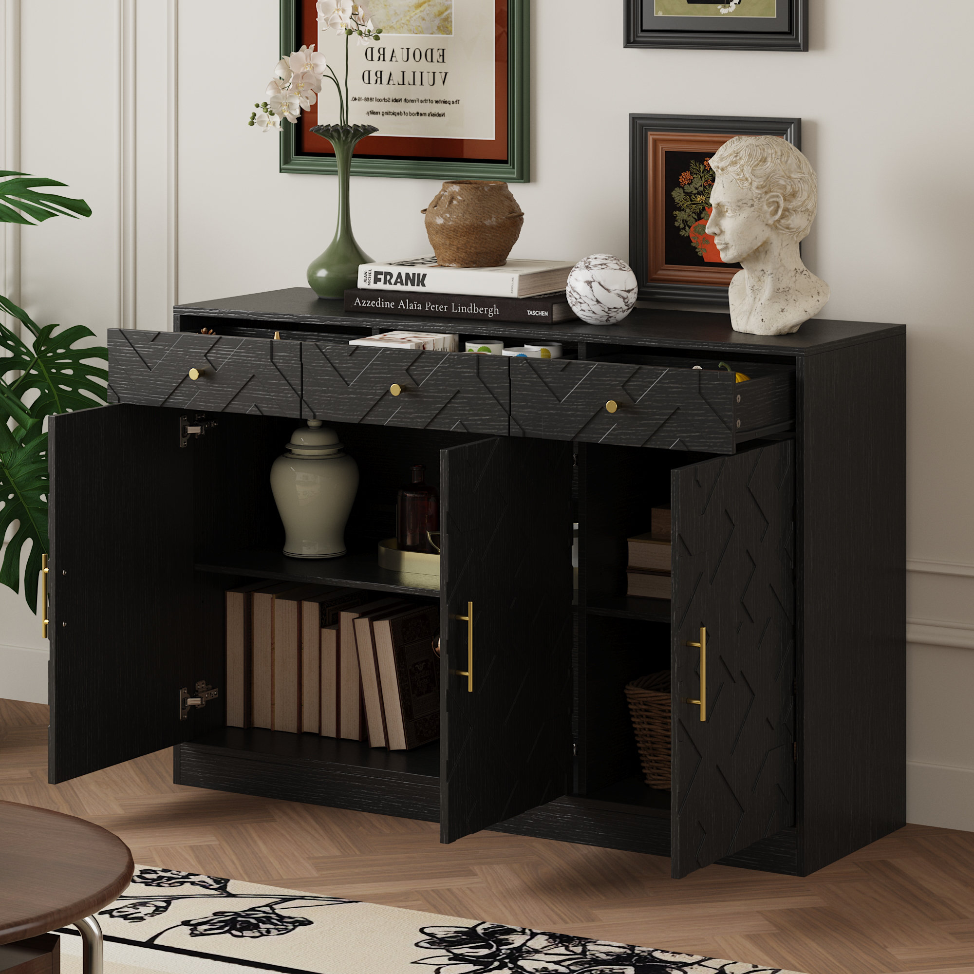 Ebern Designs 47.2" Wide 3-Door Embossed Accent Cabinet With 2 Drawers | Wayfair