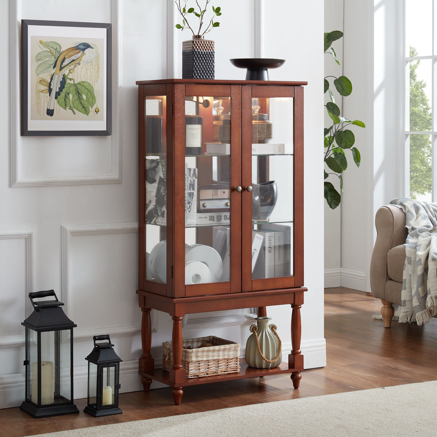 Alcott Hill® Curio Cabinet, Lighted Display Cabinet With Open Storage ...