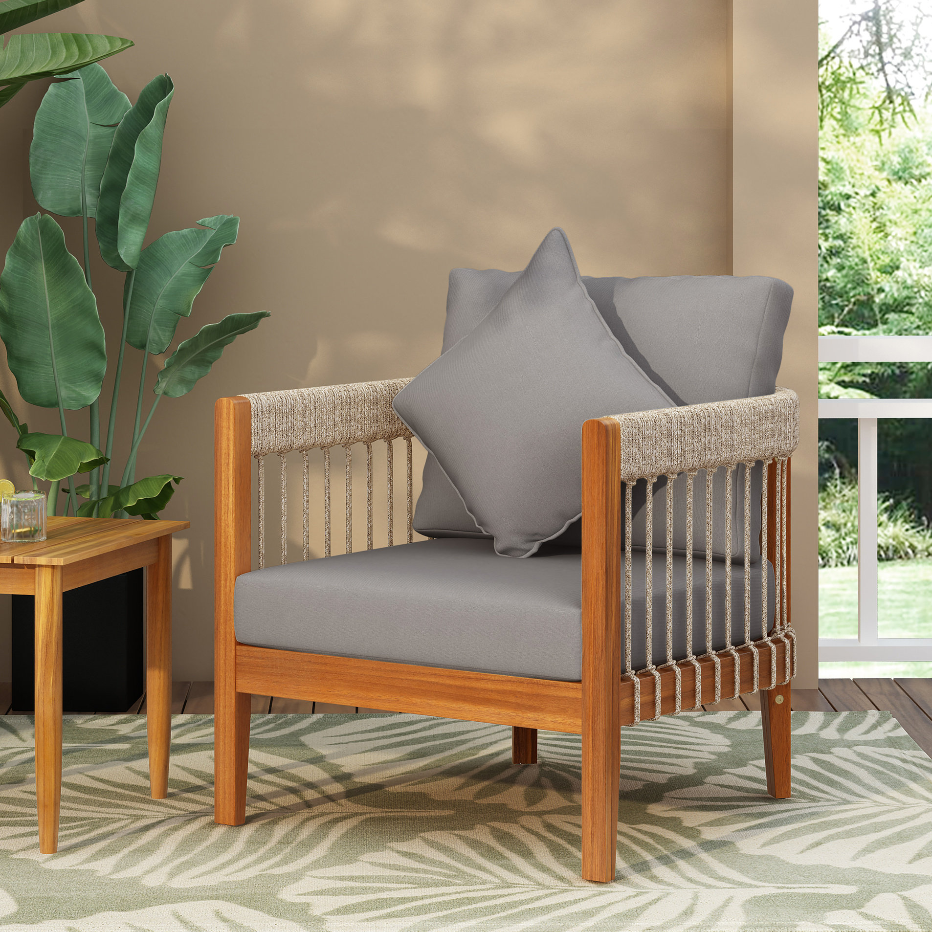Latitude Run® Wood Patio Lounge Chair, Handwoven Rope Accents, Curved ...