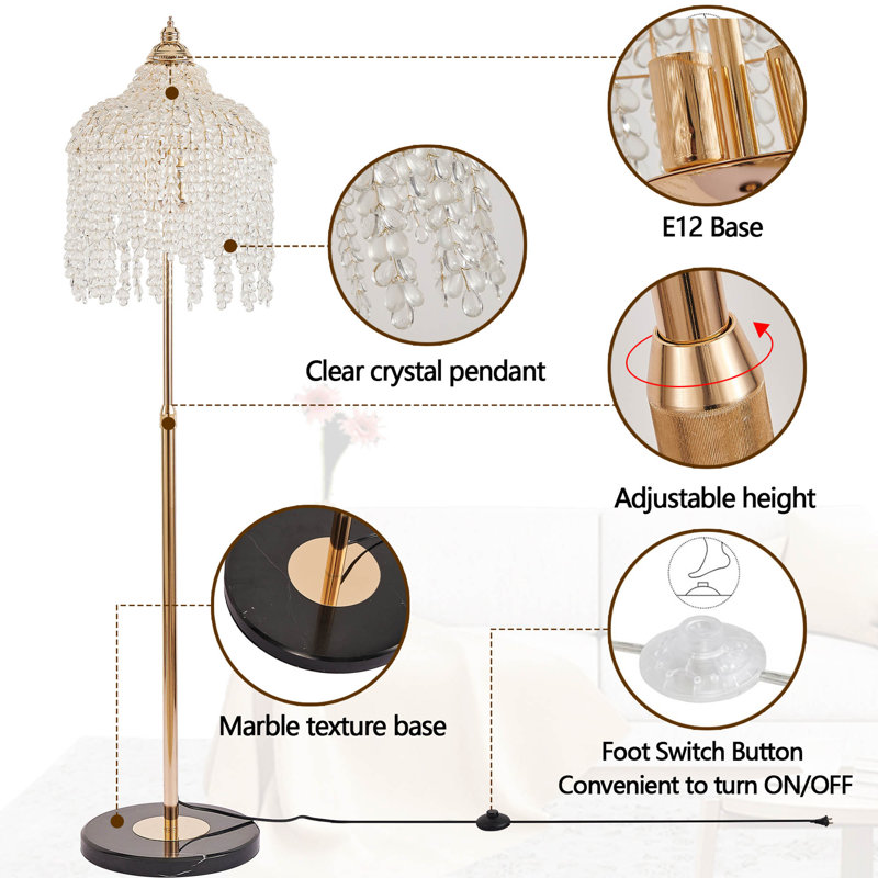 Mercer41 Furnary 63" Crystal Floor Lamp With Waterfall Or Cascading ...