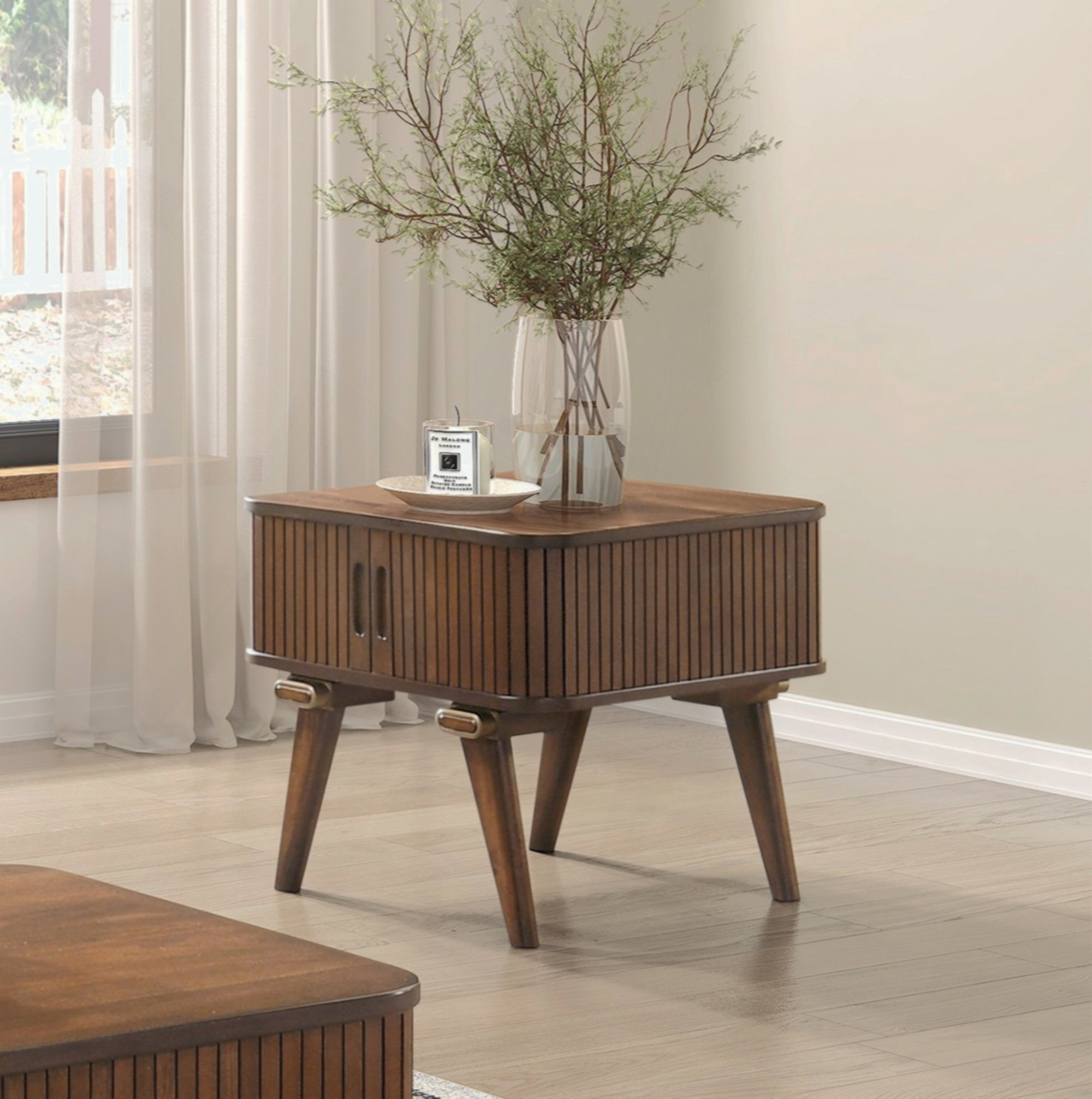 Corrigan Studio 1Pc Storage End Table Walnut Finish Tambour Doors ...