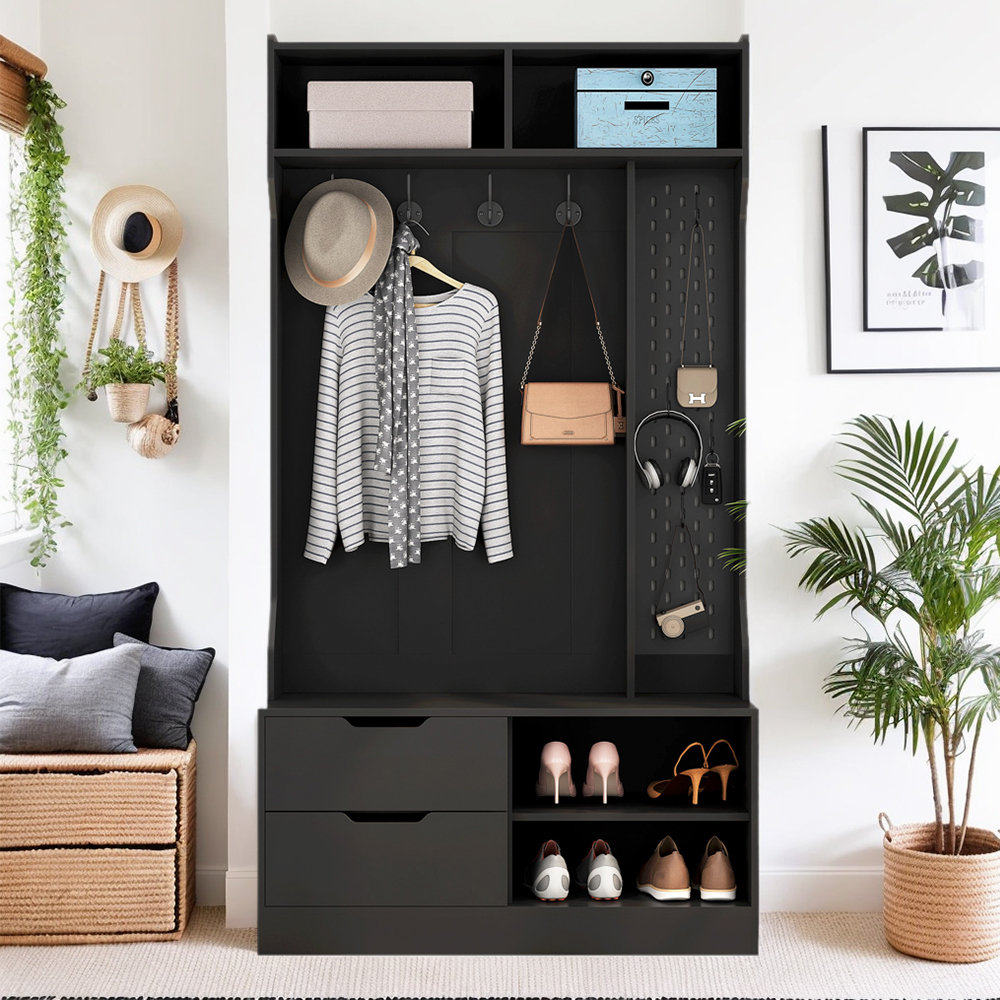 Latitude Run® 38"W Hall Tree With Storage Bench, 6 Hooks, Coat Hanger ...