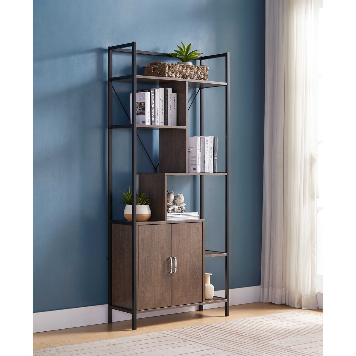 17 Stories Six Shelf Modern Bookcase With Two Door Storage Cabinet With ...