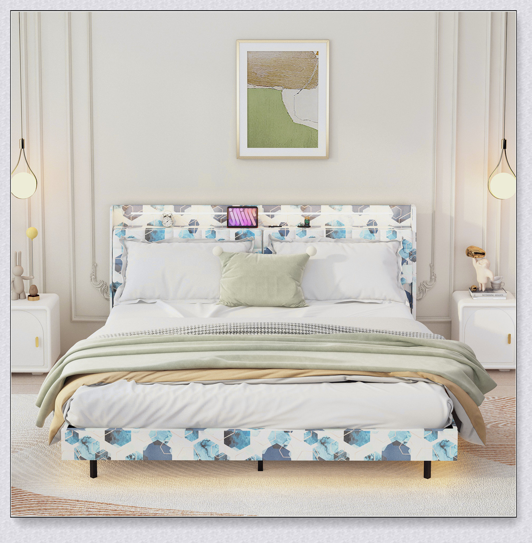 Brayden Studio® Floating Bed Frame With Led Light And Charging Station ...