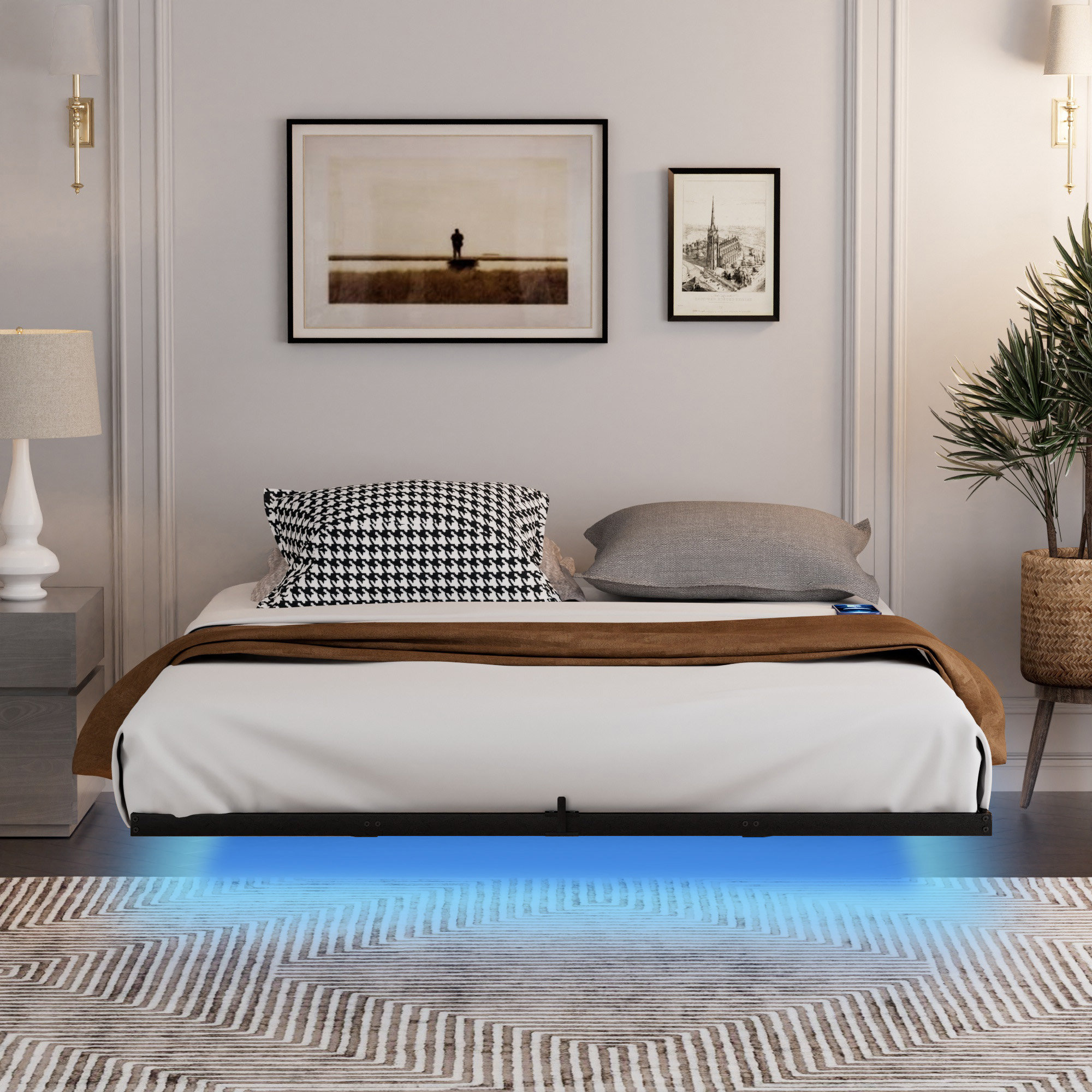 Wrought Studio™ Floating Bed Frame With LED Lights & Charging Station ...