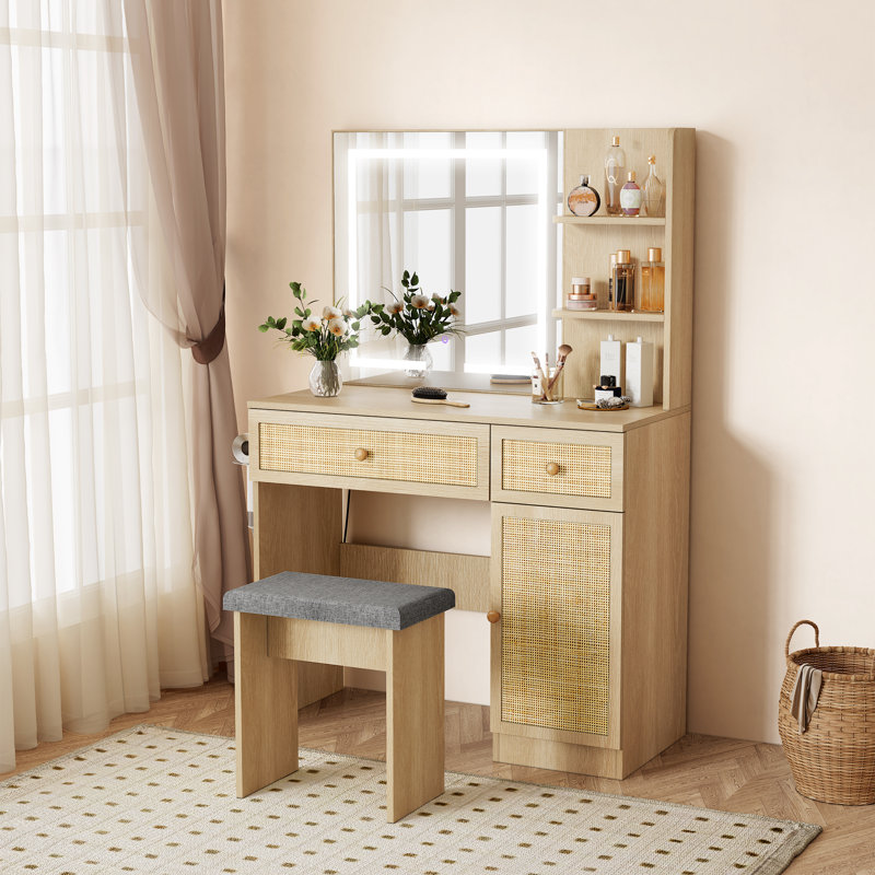Latitude Run® Avonelle Boho Natural Rattan Vanity with LED Mirror and ...