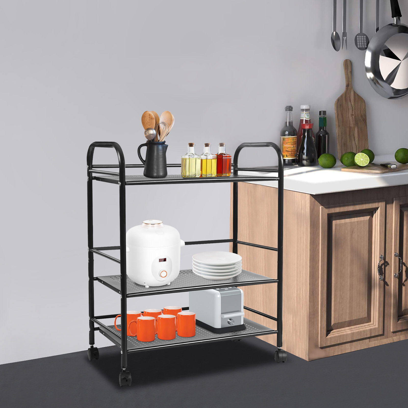 Ebern Designs 3 Tier Modern Black Rolling Utility Cart Carbon Steel ...
