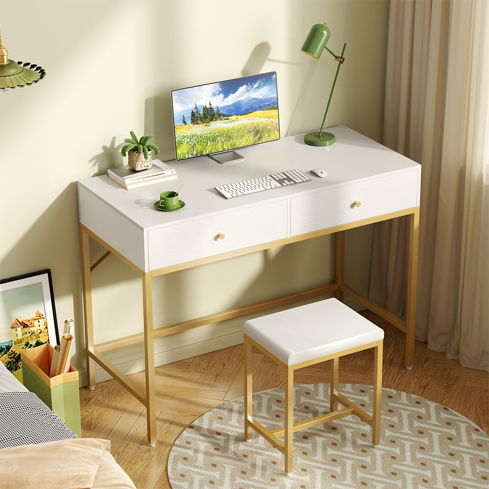 Mercer41 Mirie 35.4" Modern Desk with 2 Drawers, Vanity Desk with Stool ...