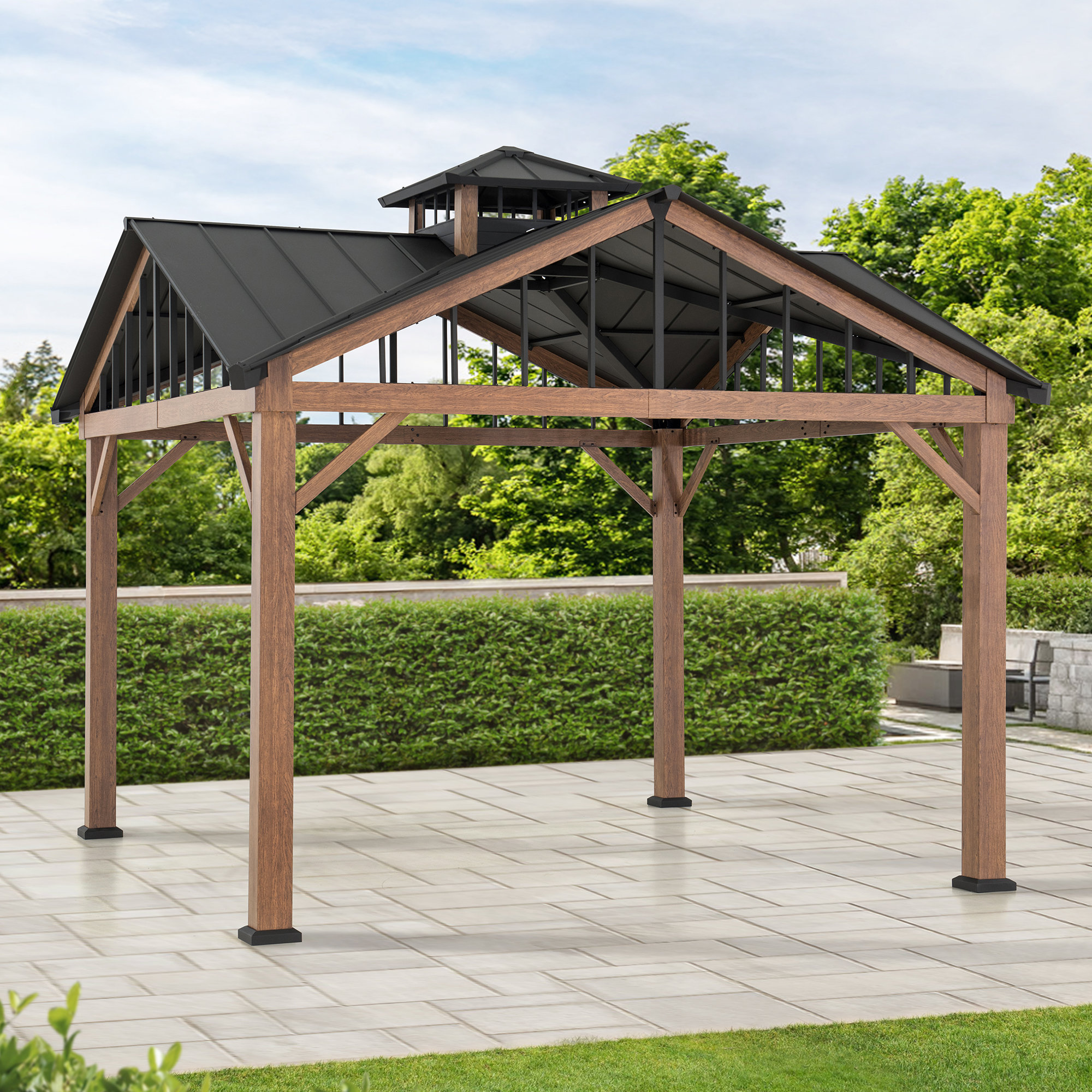 Sunjoy Roanforth 12 x 12 ft. Wood Gazebo 2-Tier Wooden Frame Outdoor Gazebo with Ceiling Hook ...