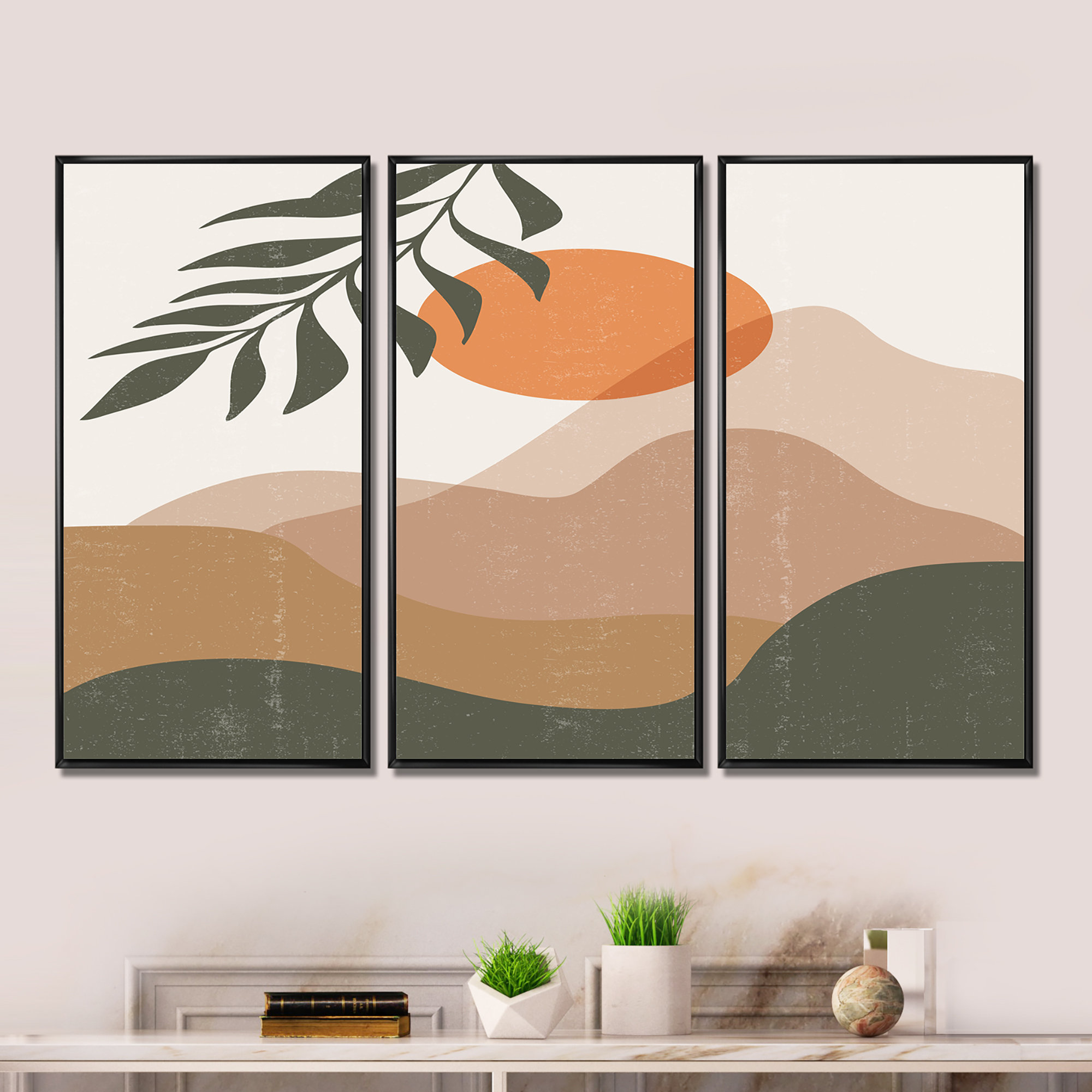 Design Art Abstract Red Moon In Earth Toned Mountains I - Modern Framed ...