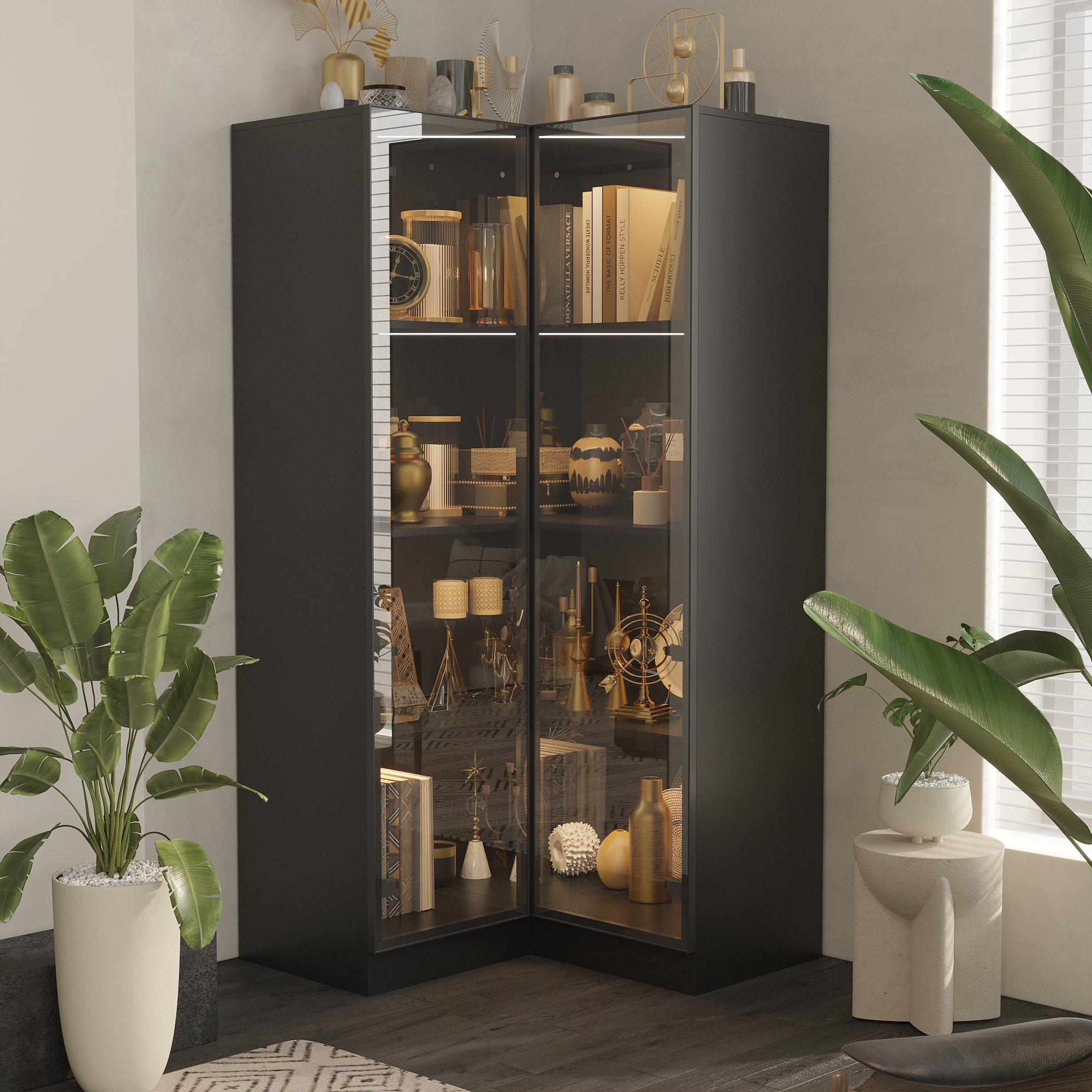 Latitude Run® L-Shaped Display Cabinet With Adjustable Lights | Wayfair