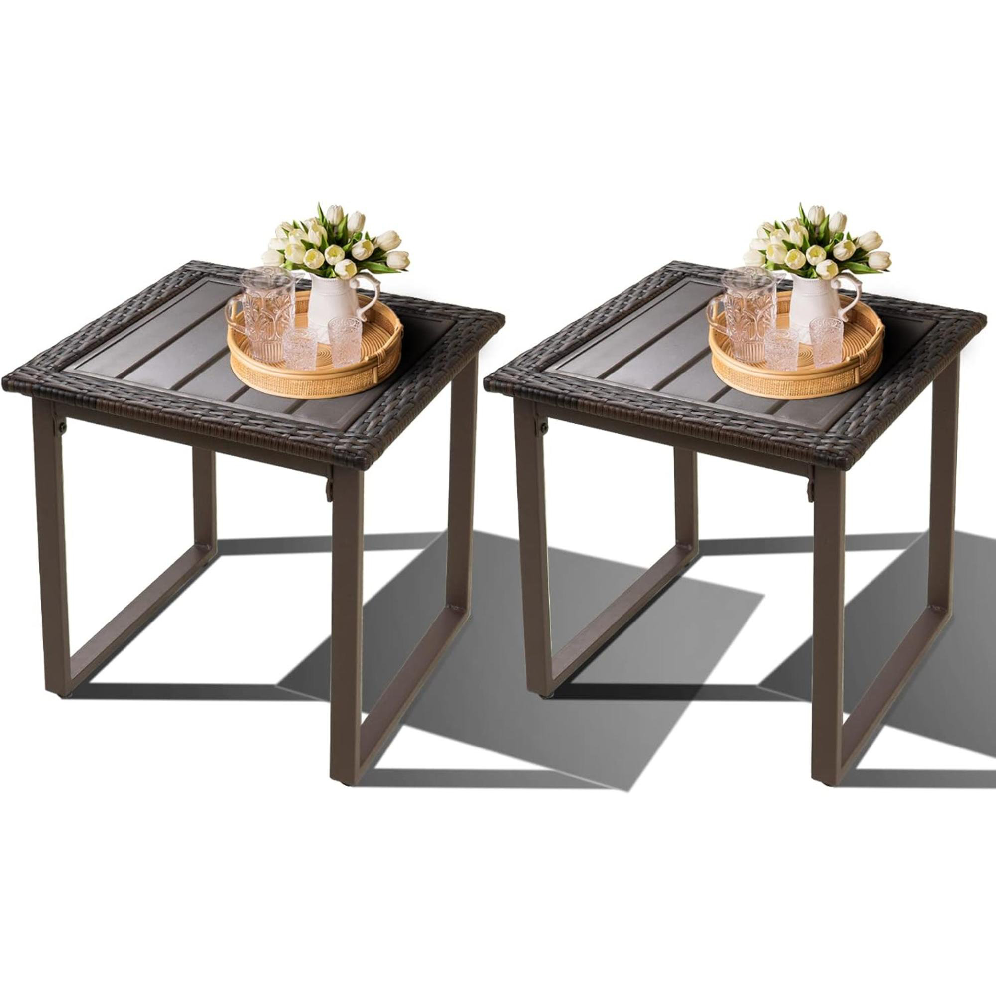 Ebern Designs Outdoor Rattan Side End Tables For Patio Set Of 2, All ...