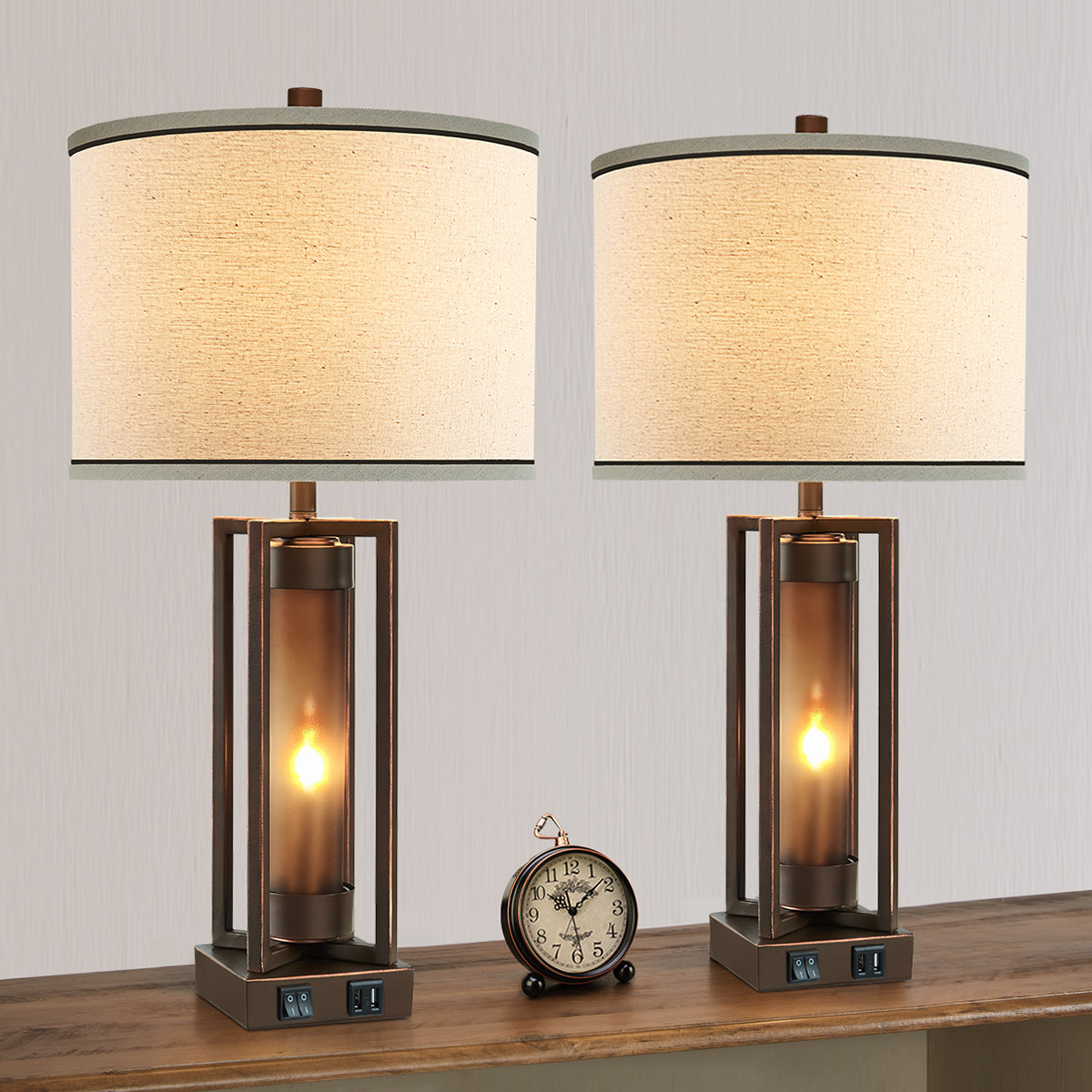 Latitude Run® Eleonora 26" Bronze Metal Table Lamp Set With Night Light ...