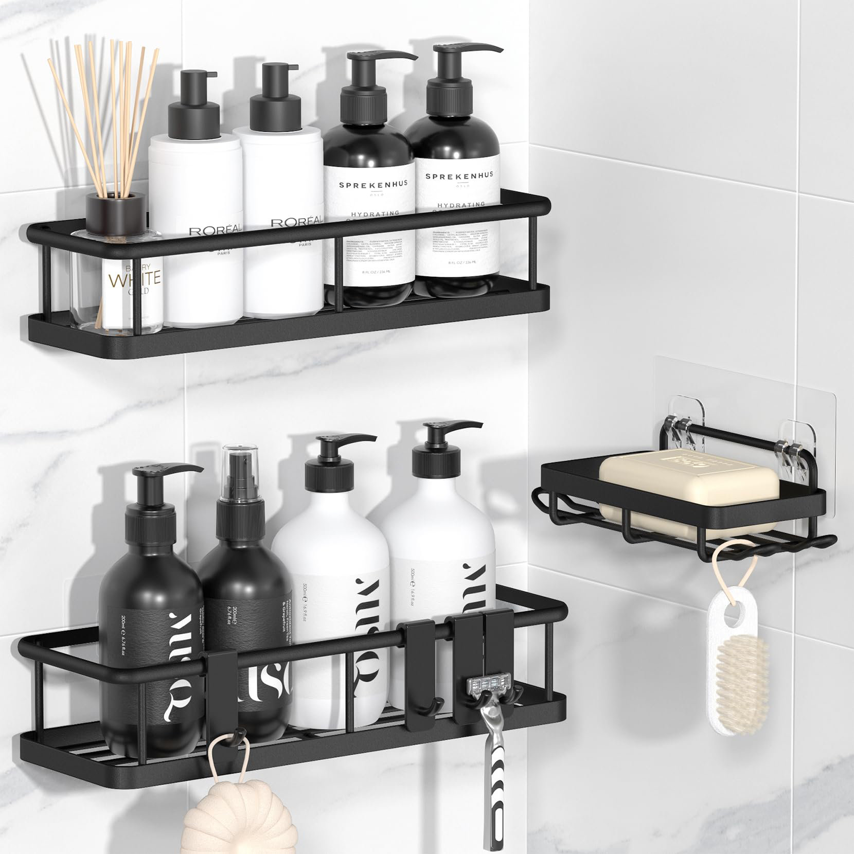 Rebrilliant No Drilling Required 3-Pack Wall-Mounted Shower Caddy Removable Hook Soap Holder ...