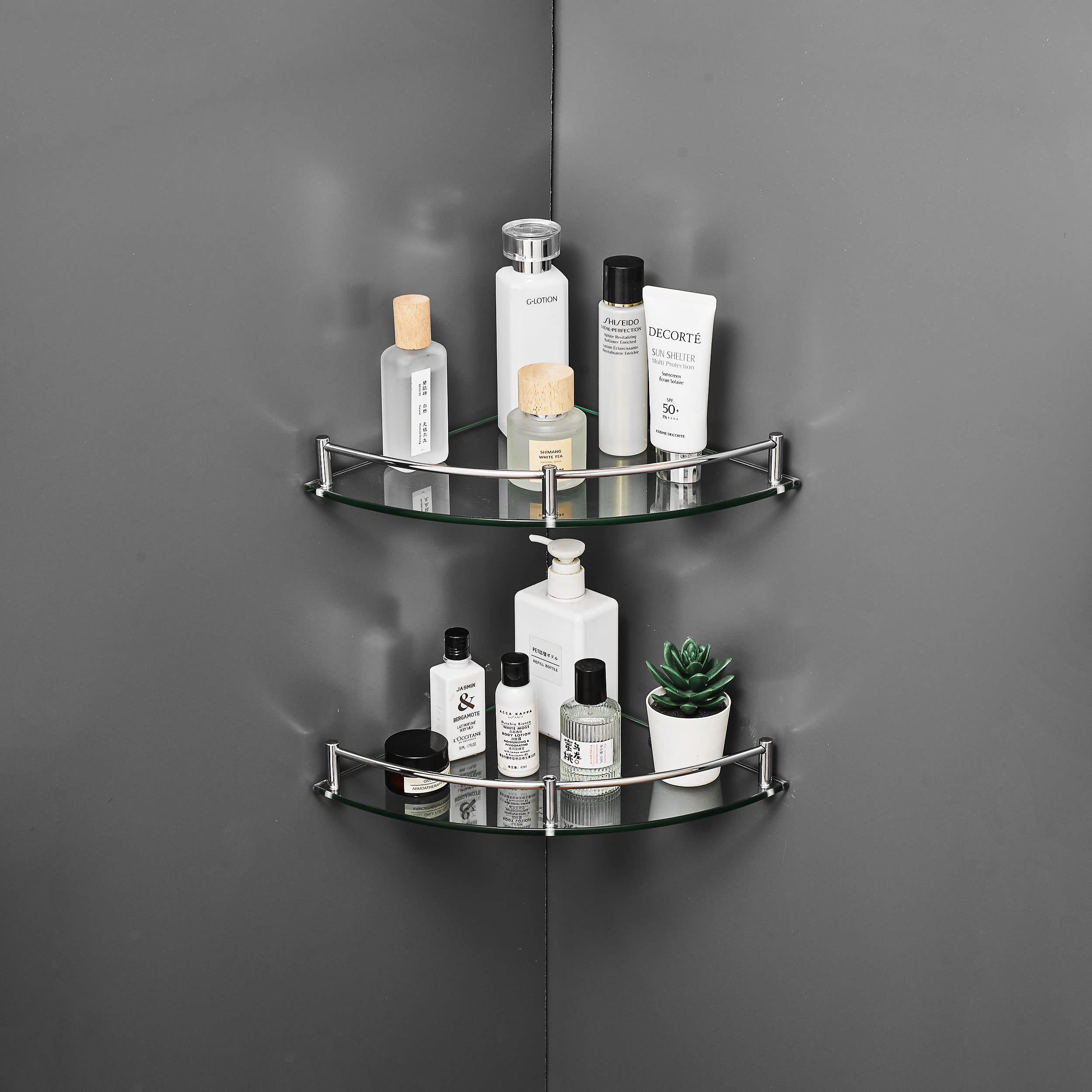 Latitude Run® 2 Pack Corner Shower Shelf - Tempered Glass Shower Caddy ...