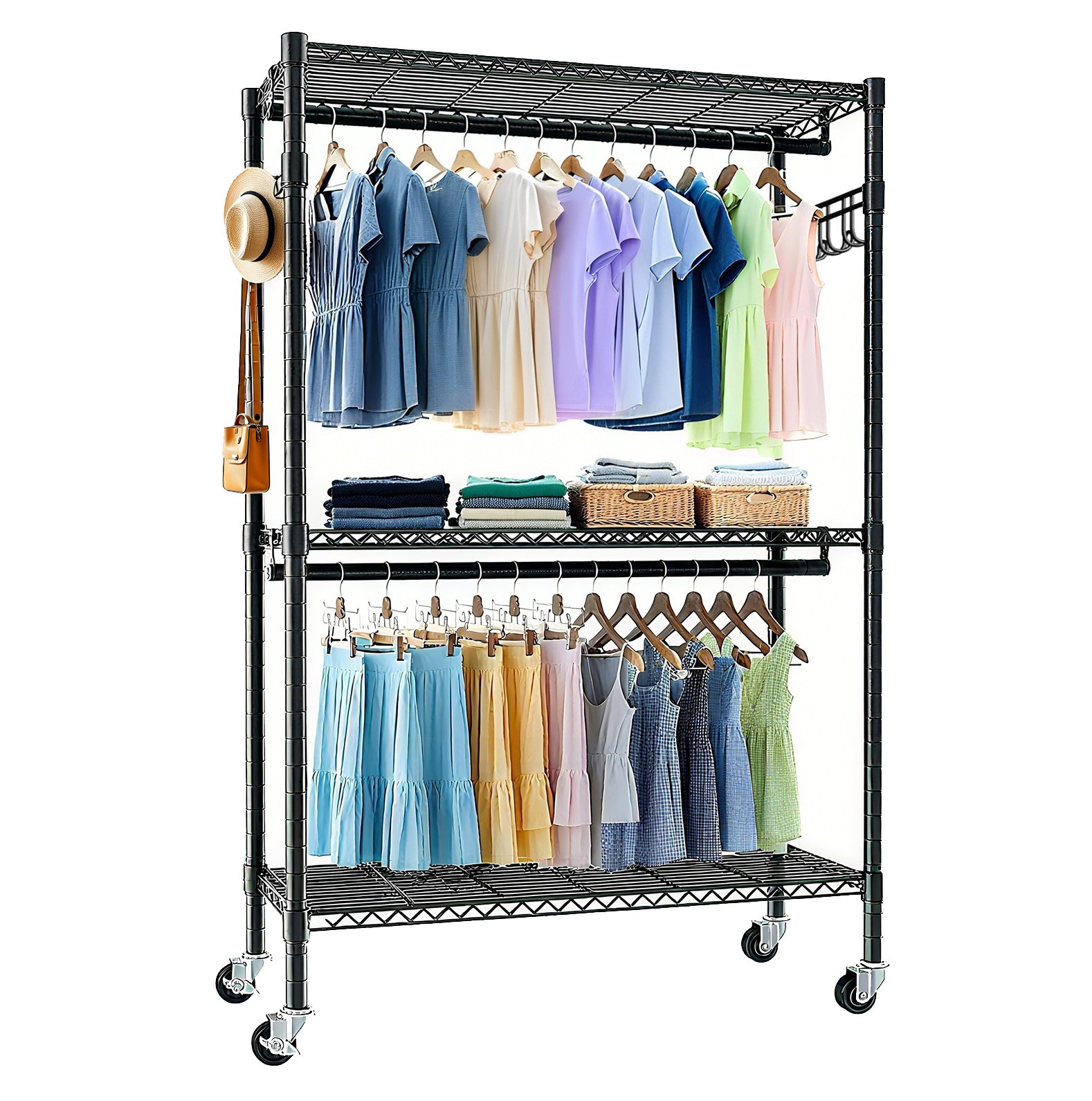 Ivy Bronx Rolling Clothes Rack, Heavy Duty Clothes Rack with Wheels, 3 ...
