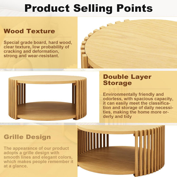 Union Rustic 33 Inch Round Wooden Table With Grille Design 2-Layer ...