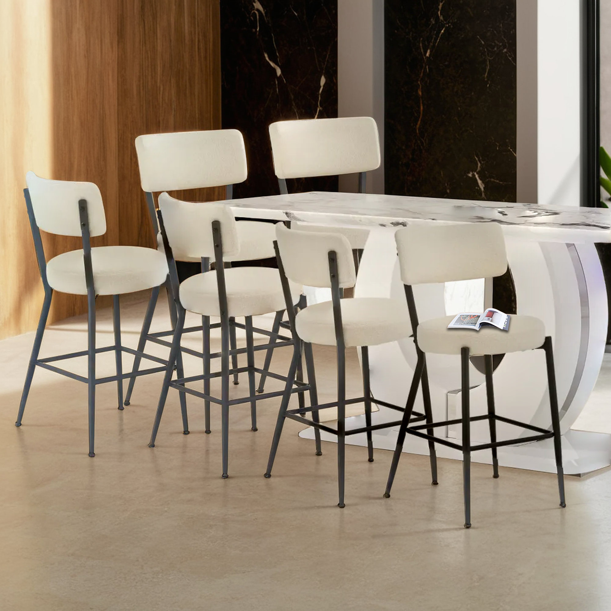 Blu Aired Merch Modern Teddy Fabric Upholstered Metal Base Bar Stools ...