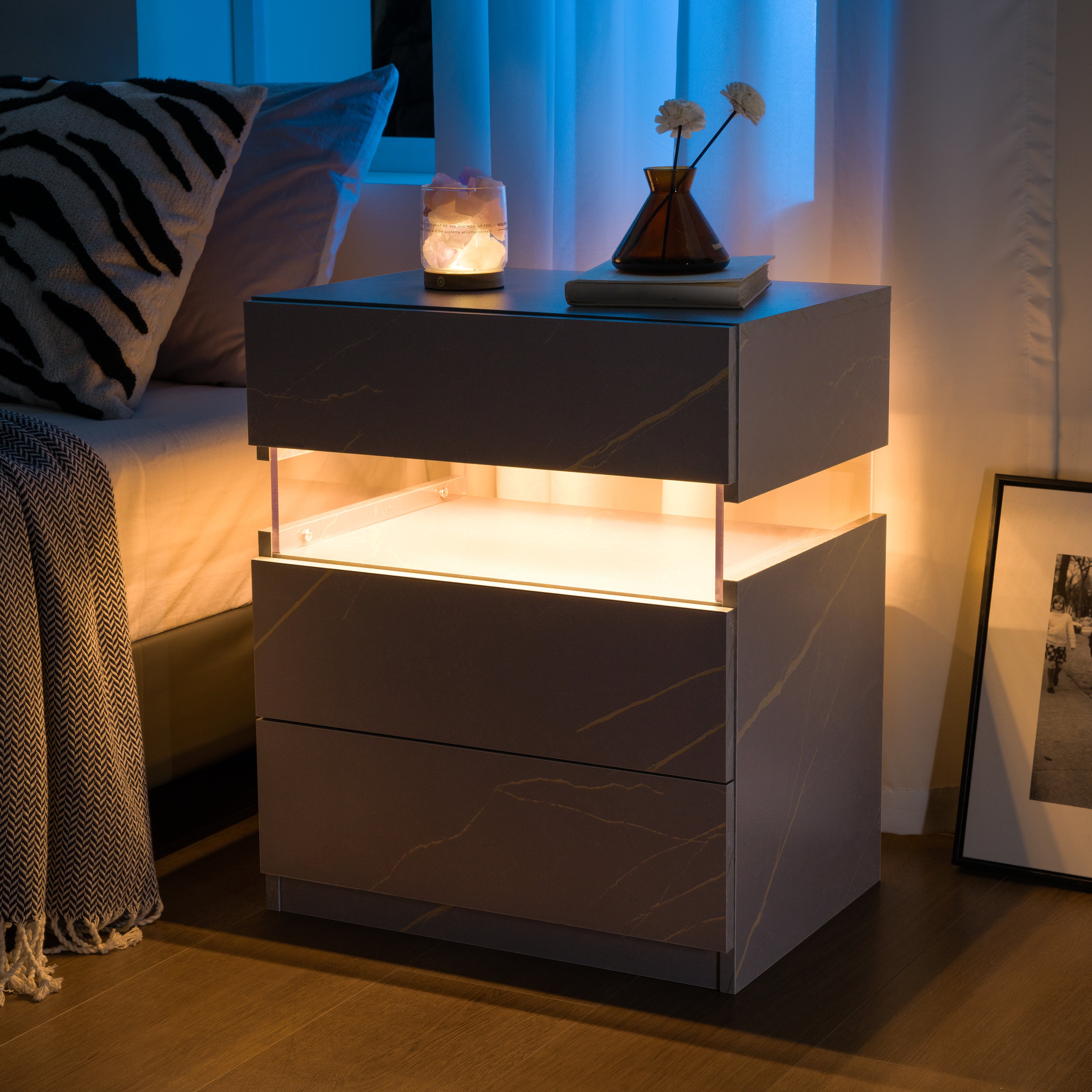 Wrought Studio™ LED Nightstands 3 Drawer Dresser End Table with Acrylic ...