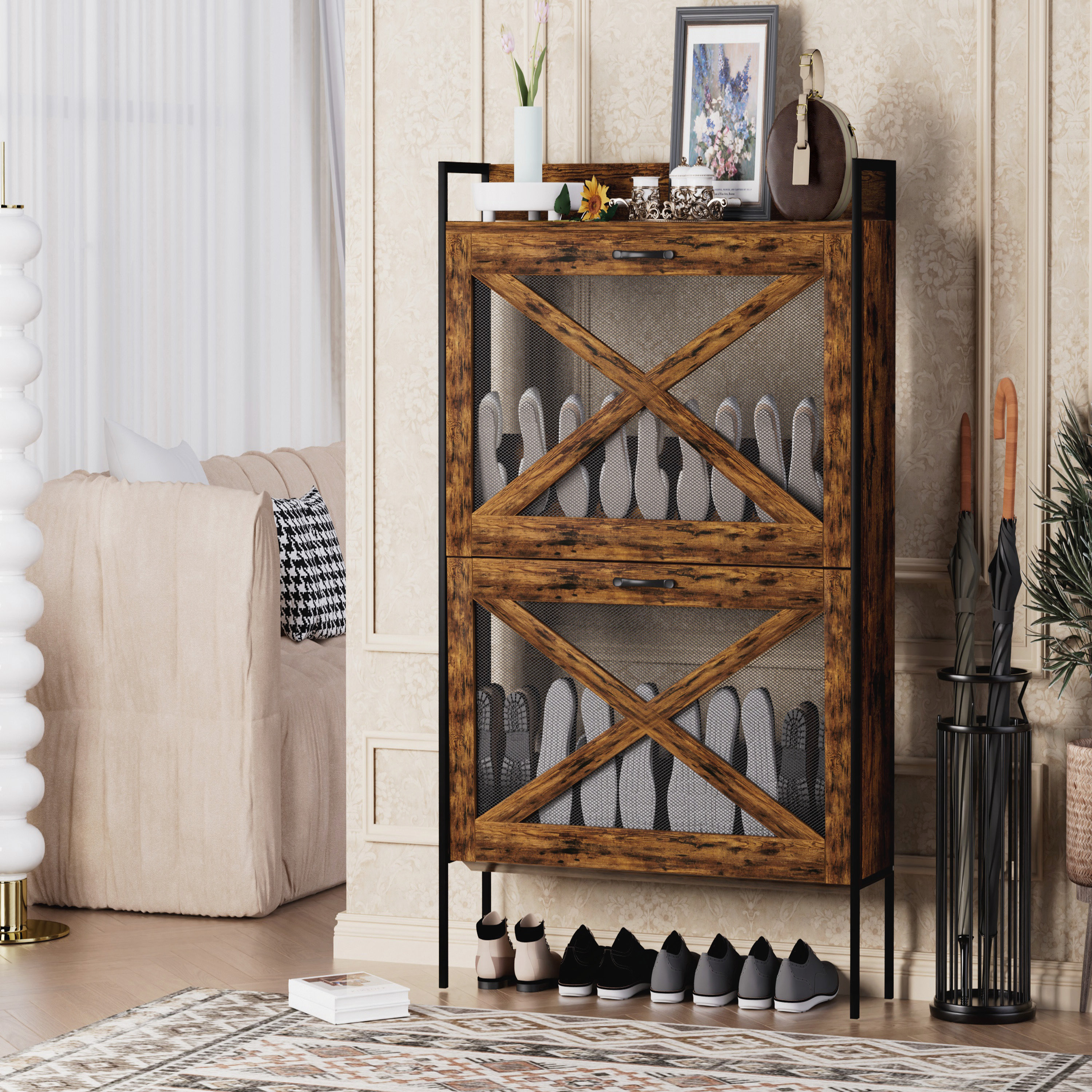 Ebern Designs A shoe cabinet with 2 flip-top drawers, an entryway shoe cabinet, a narrow ...