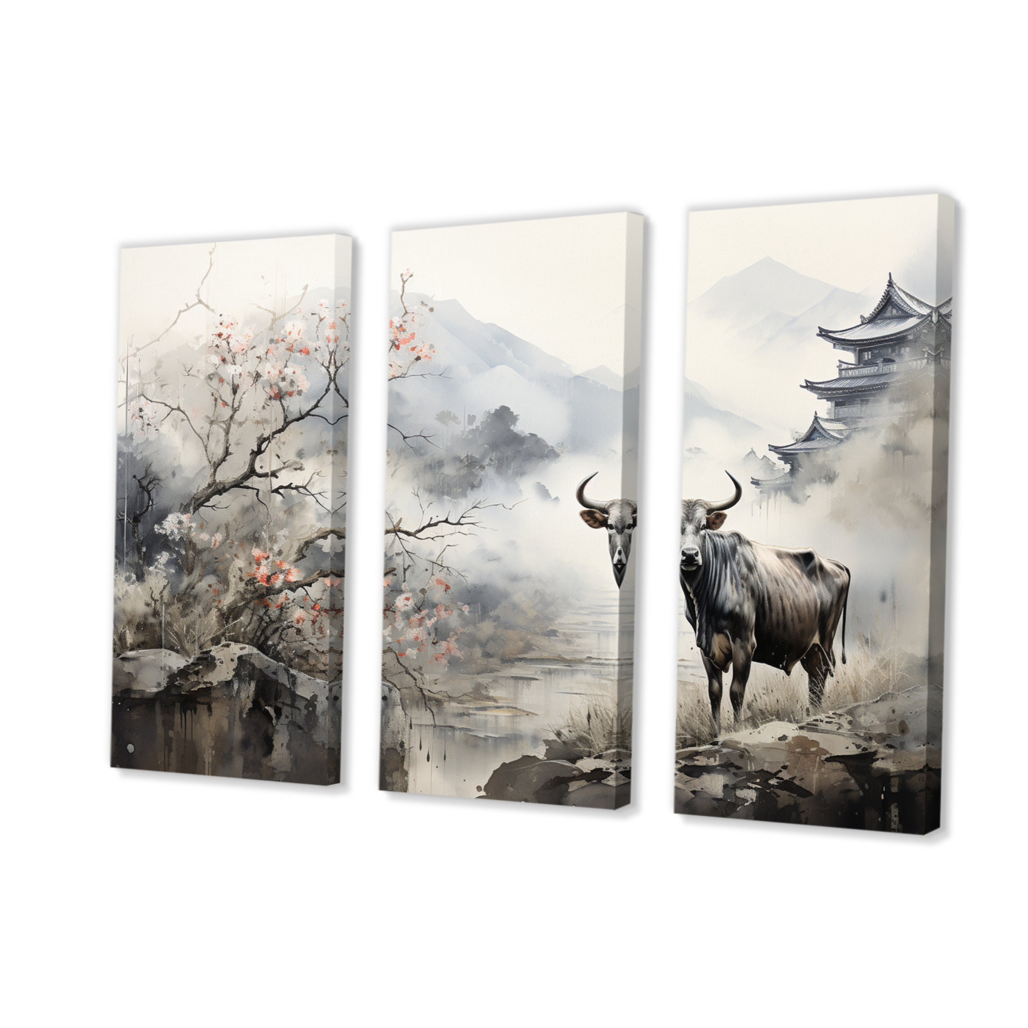 Millwood Pines Asian Art Cow Sumi VIII On Canvas 3 Pieces Print | Wayfair