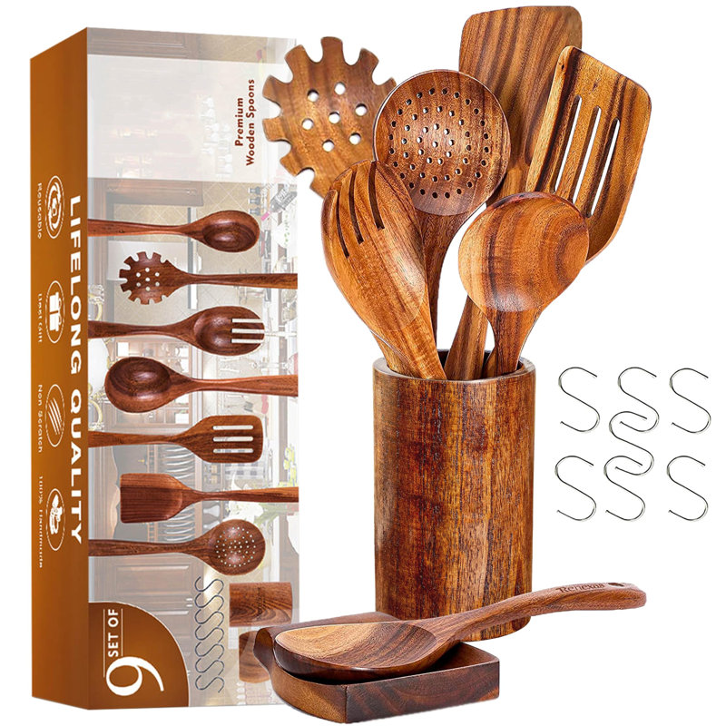 MODERN WALLS LLC 9 Pcs Wooden Spoons For Cooking Utensils, Natural Teak ...